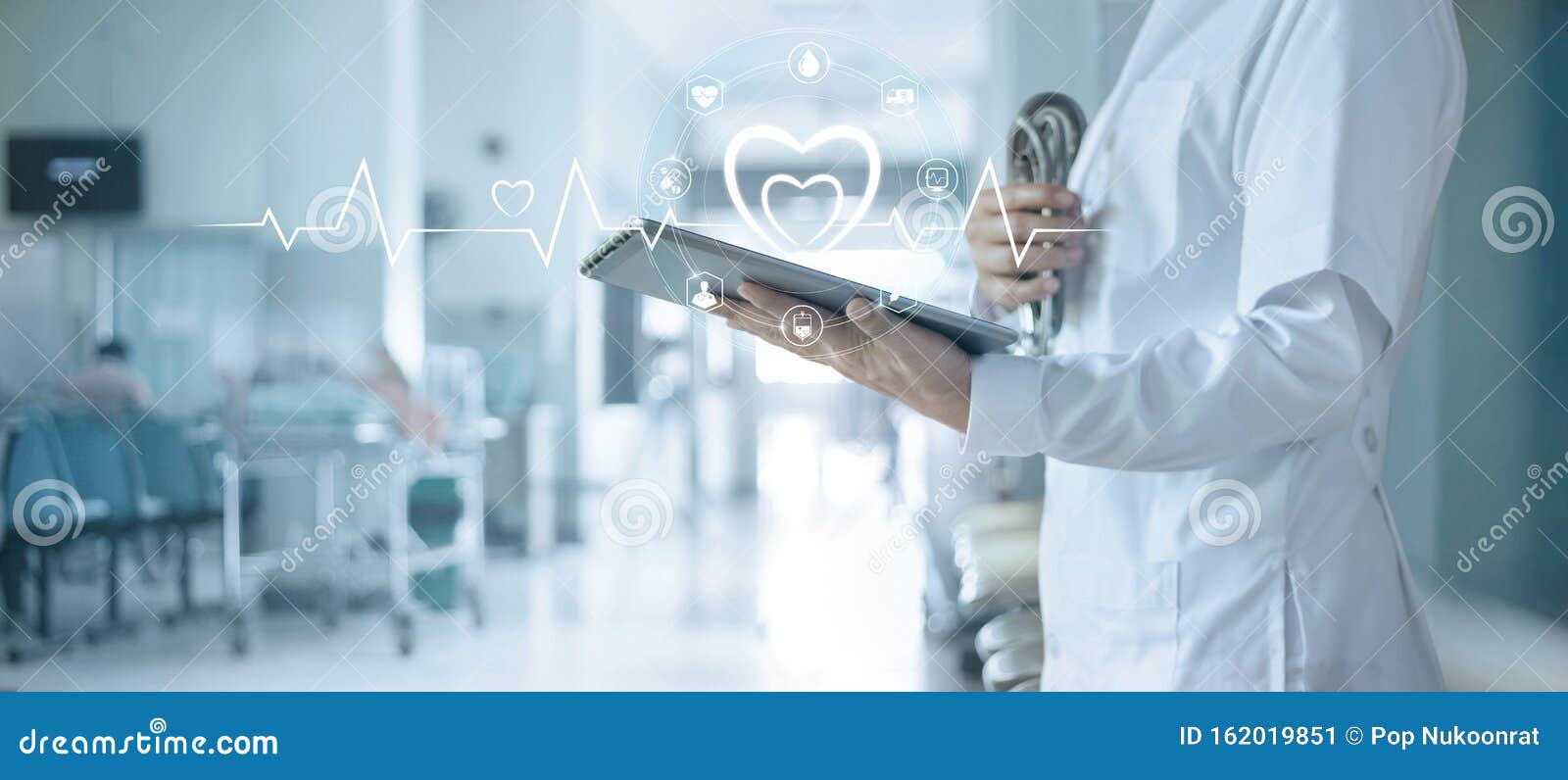 Cardiologist Doctor with Stethoscope Analyzing Patient Data on Tablet ...