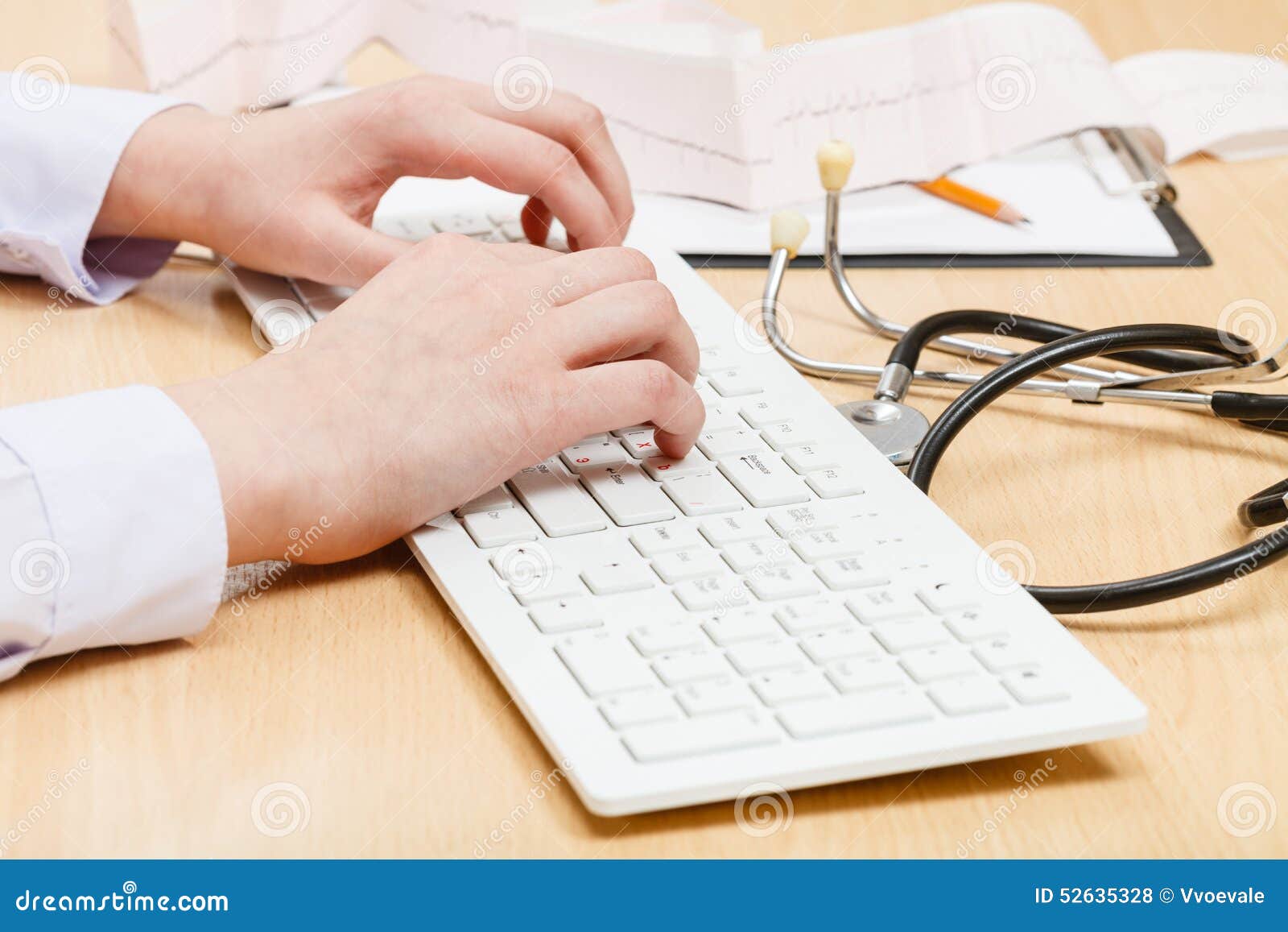 Cardiologist Works on White PC Keyboard Stock Photo - Image of medic ...