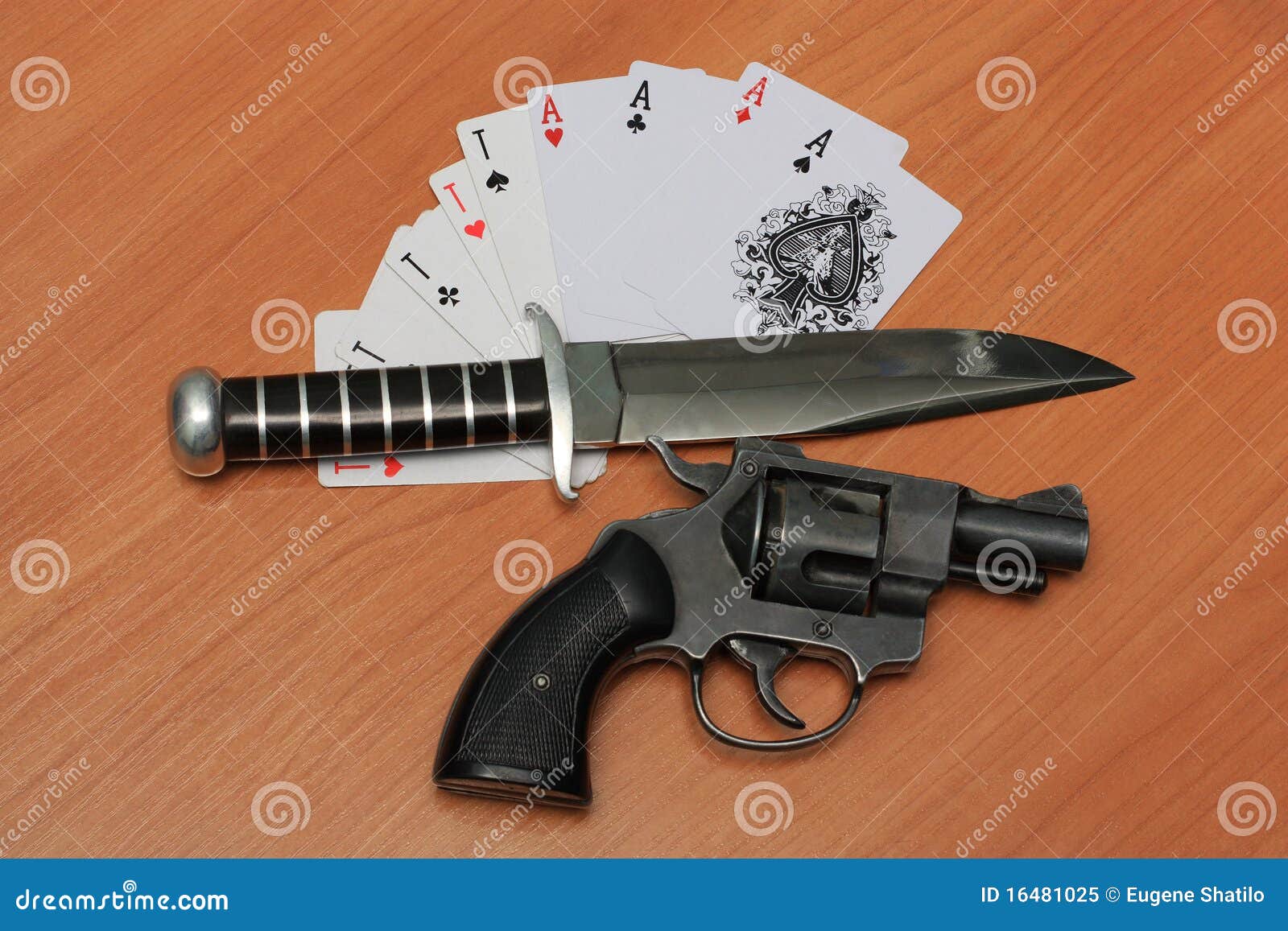 Cards, gun and knife stock image. Image of life, table - 16481025
