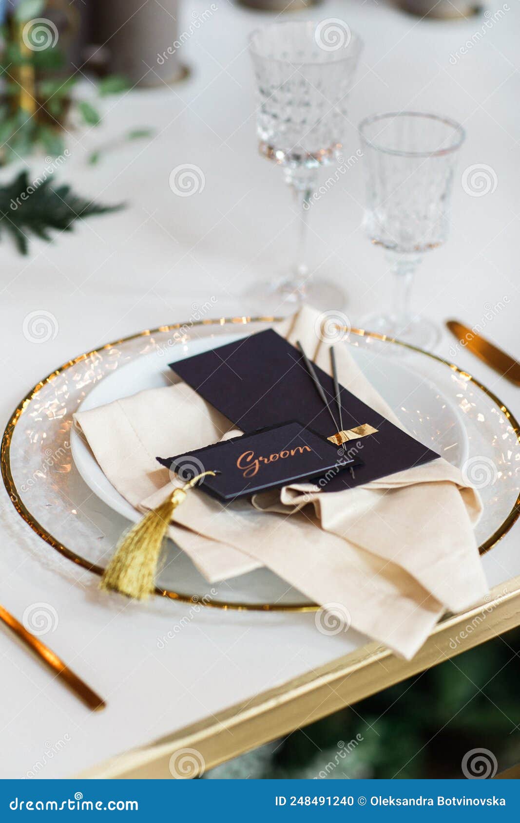Cards with Inscriptions on a Plate on a Wedding Table Stock Photo ...
