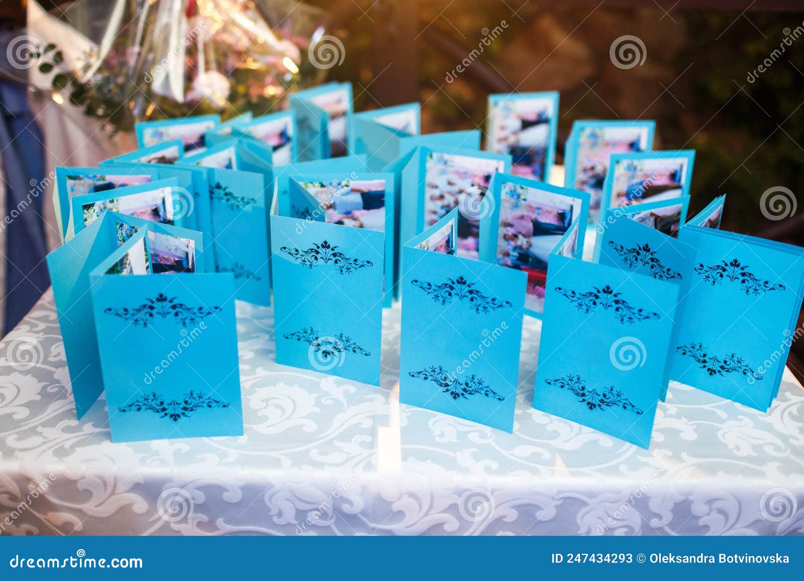 Cards on the Table with Photos at the Wedding Party Stock Image - Image ...