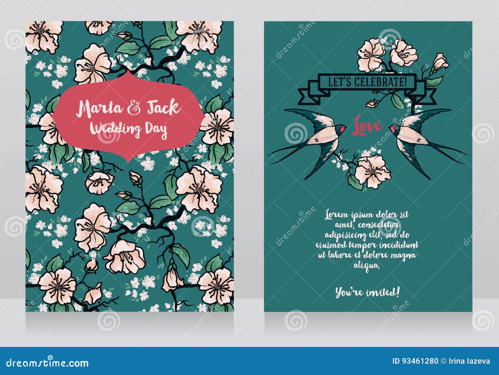 Cards for Wedding with Blooming Tree Branches and Swallows Couple Stock ...
