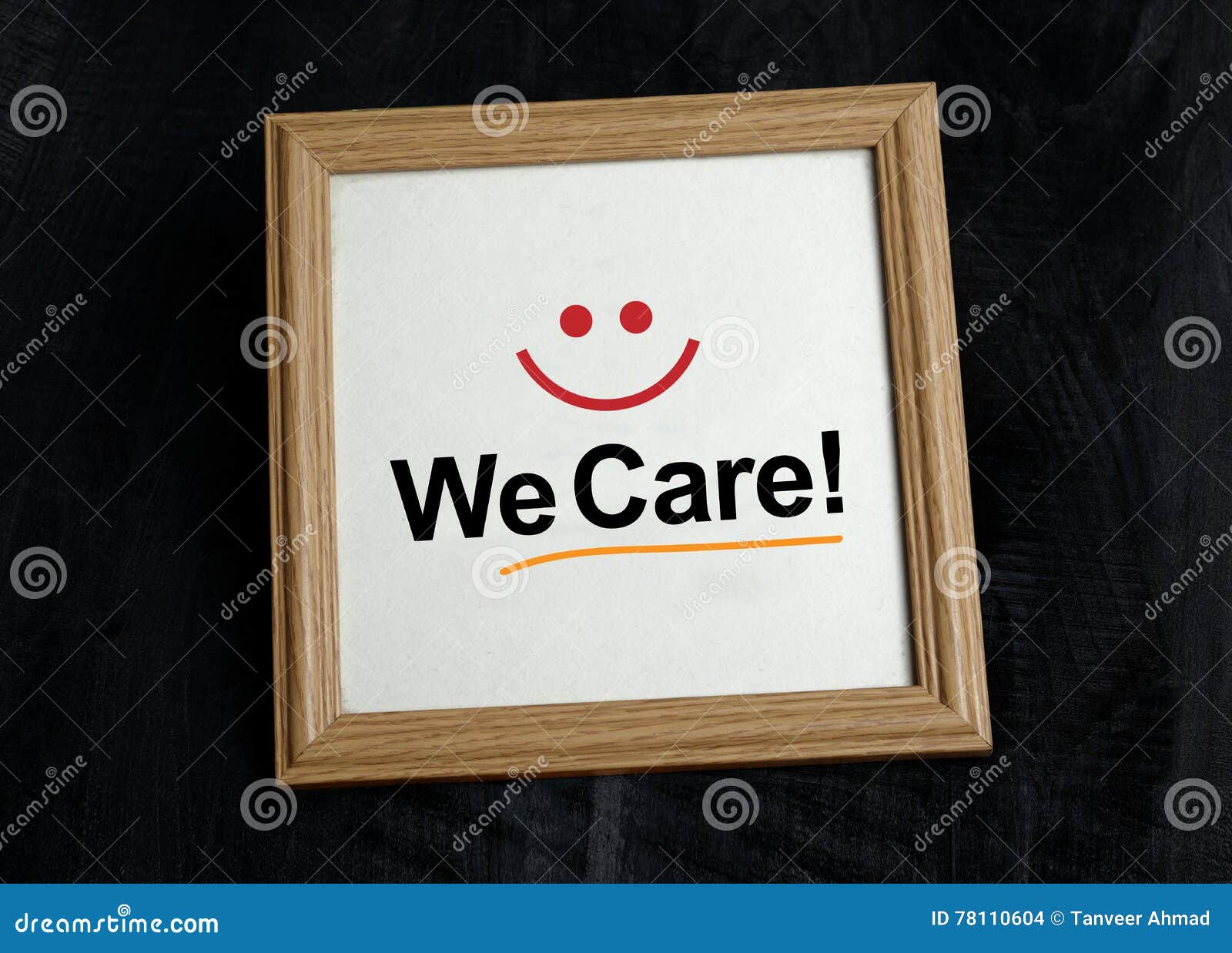 We Care - Customer Service Sign with Smile in Photo Frame Stock Photo ...