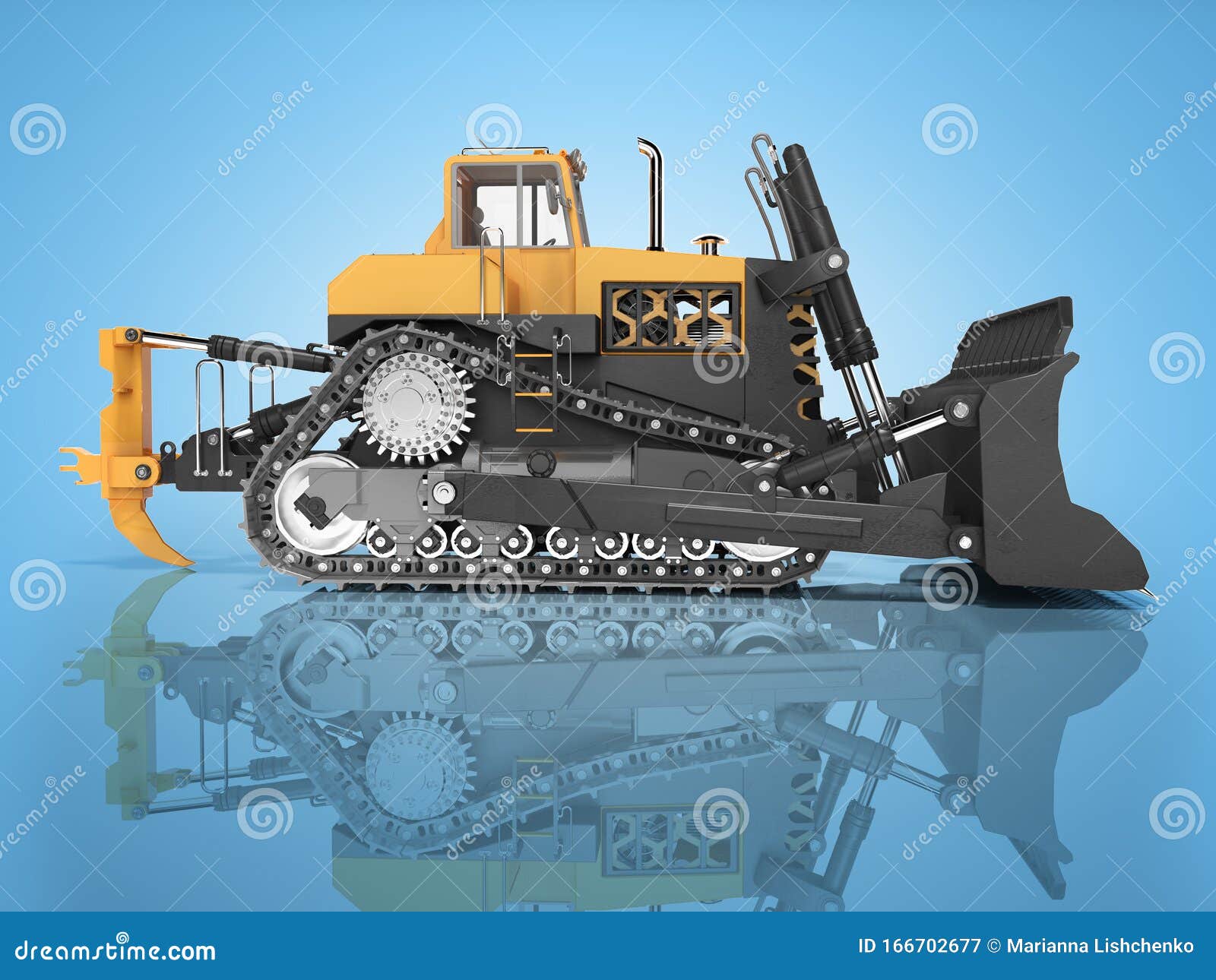 Career Technology Bulldozer Orange Side View 3D Rendering on Blue ...
