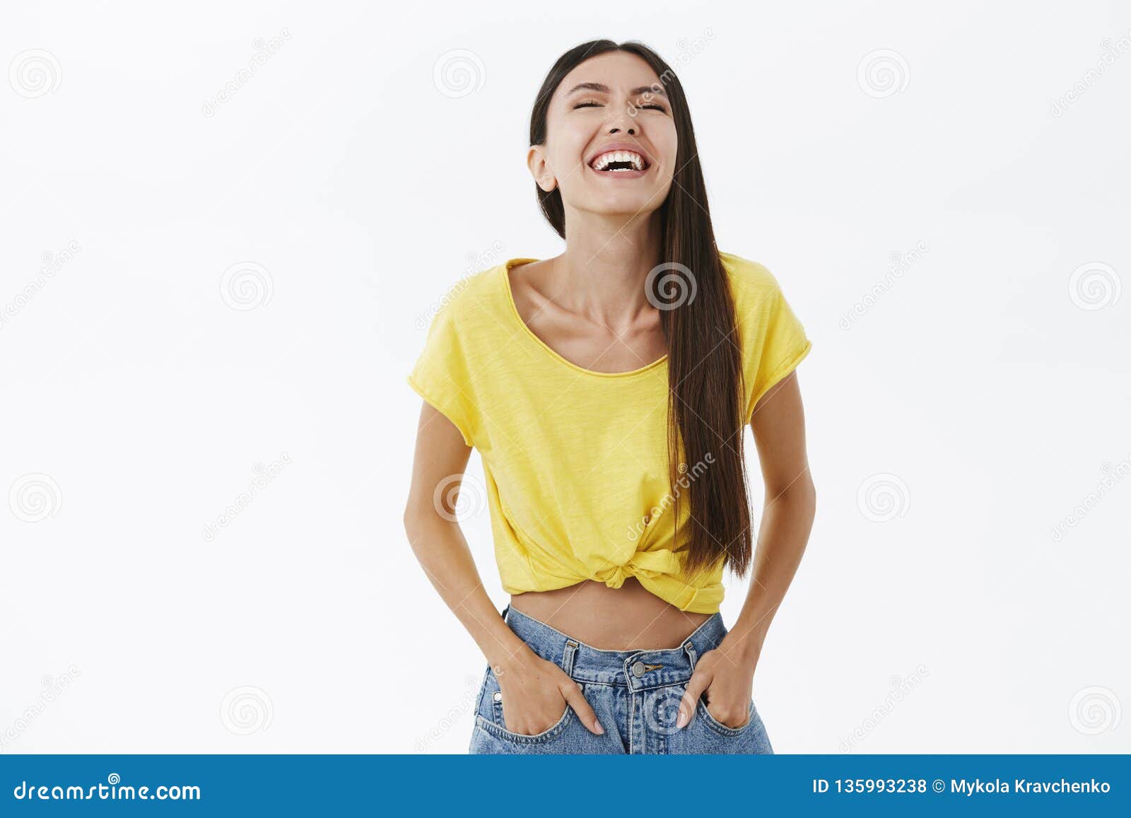 Carefree Girl Laughing Over Stereotypes Joyful Good Looking Young Slim