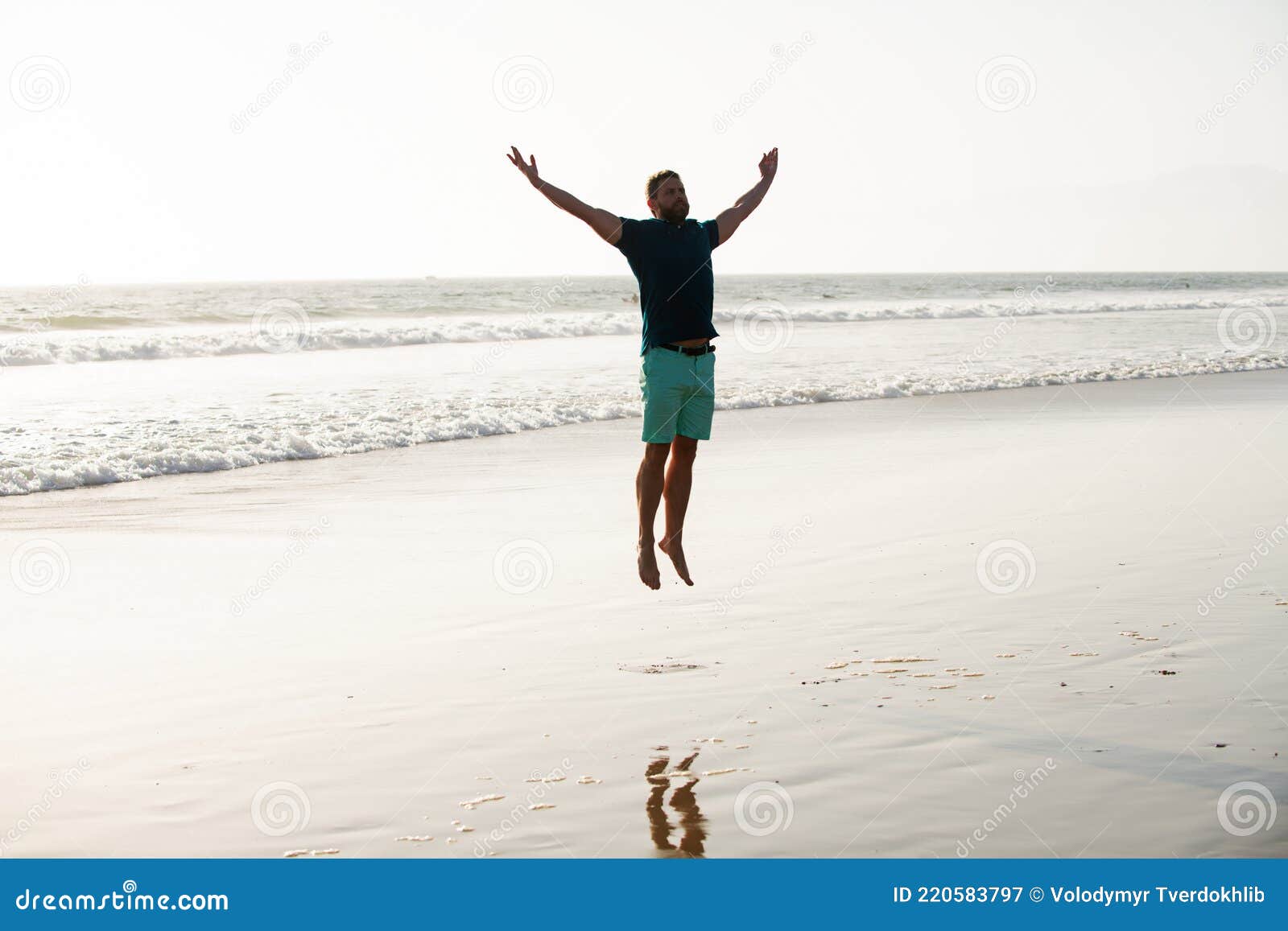 Carefree Man Jumping on Nature. Man Jump on Beach. Stock Image - Image ...