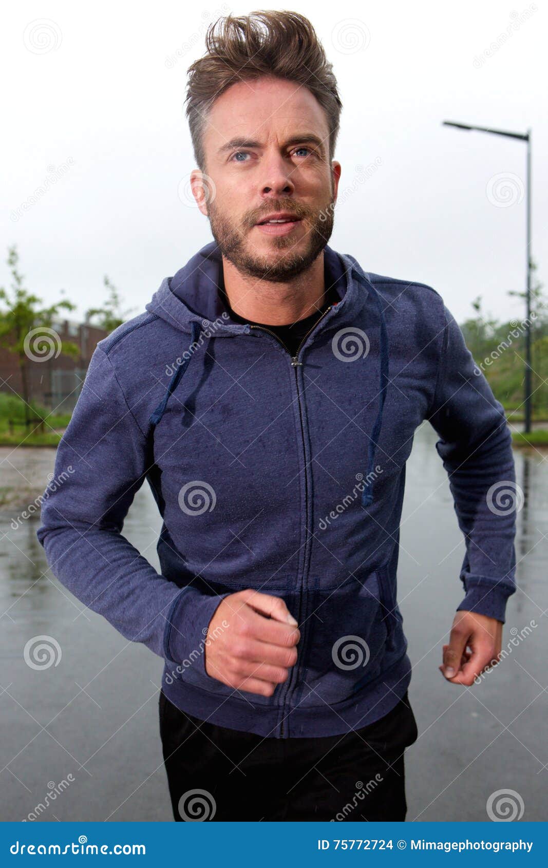 Carefree Middle Aged Runner in Rain Stock Photo - Image of athlete ...