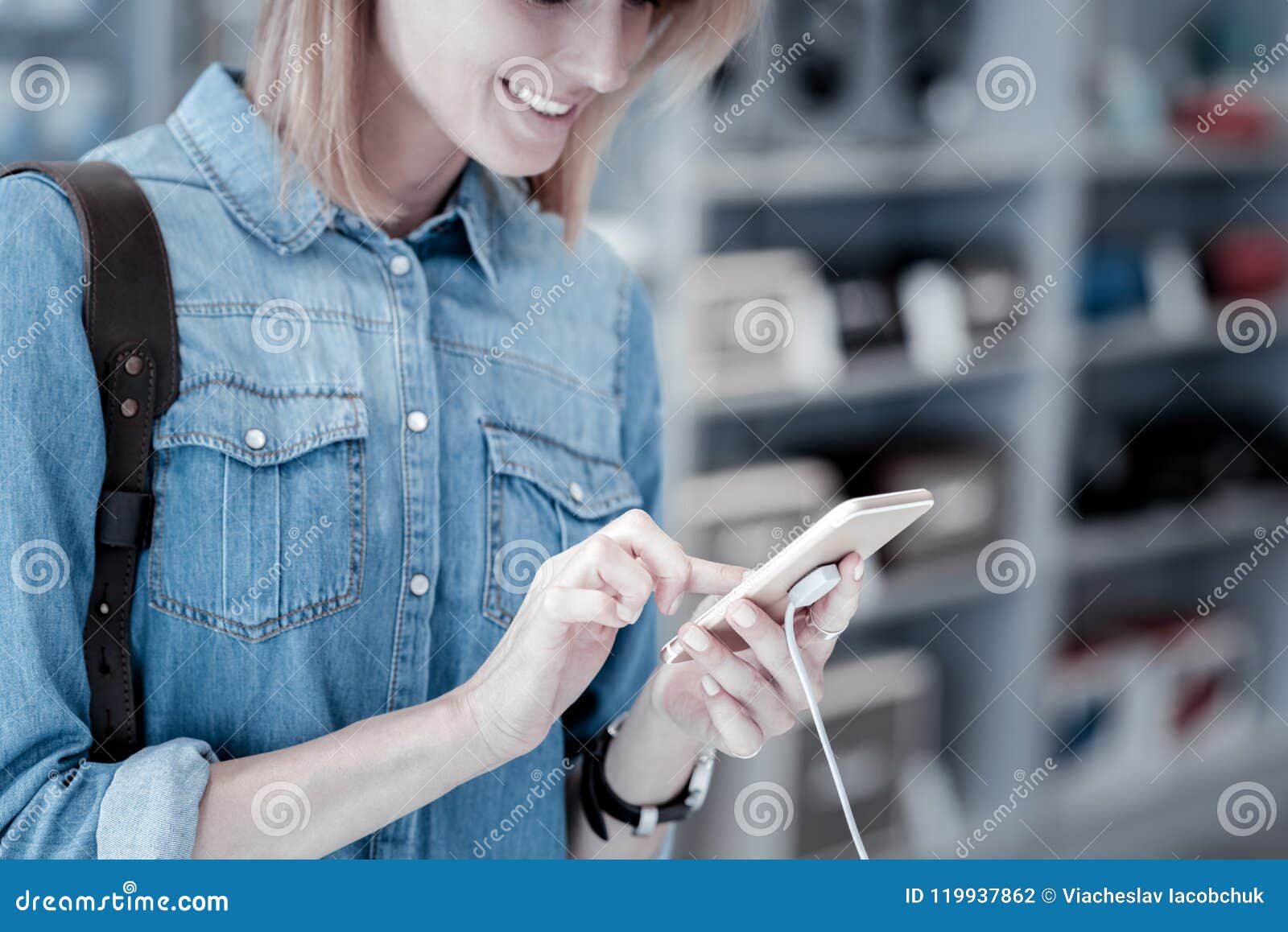 Careful Customer Using a Tiny Smartphone Stock Photo - Image of ...