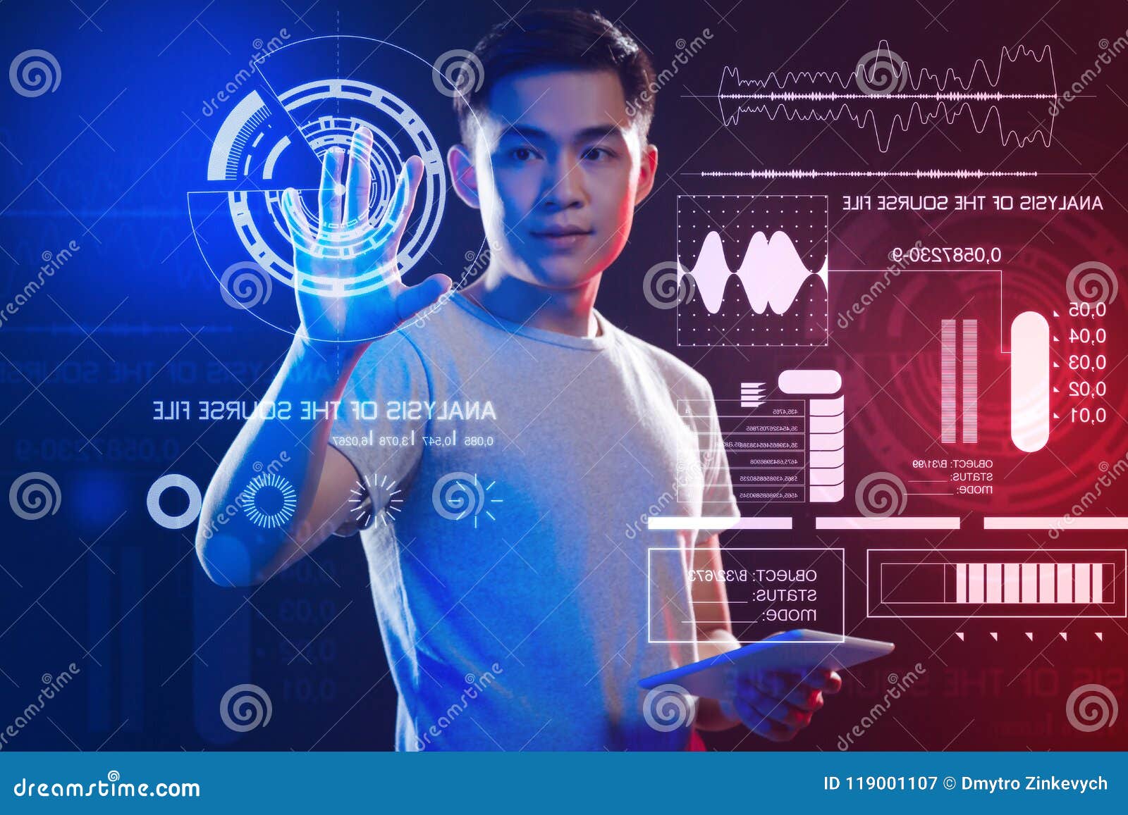 Handsome Programmer Touching the Icon on the Screen and Looking Calm ...