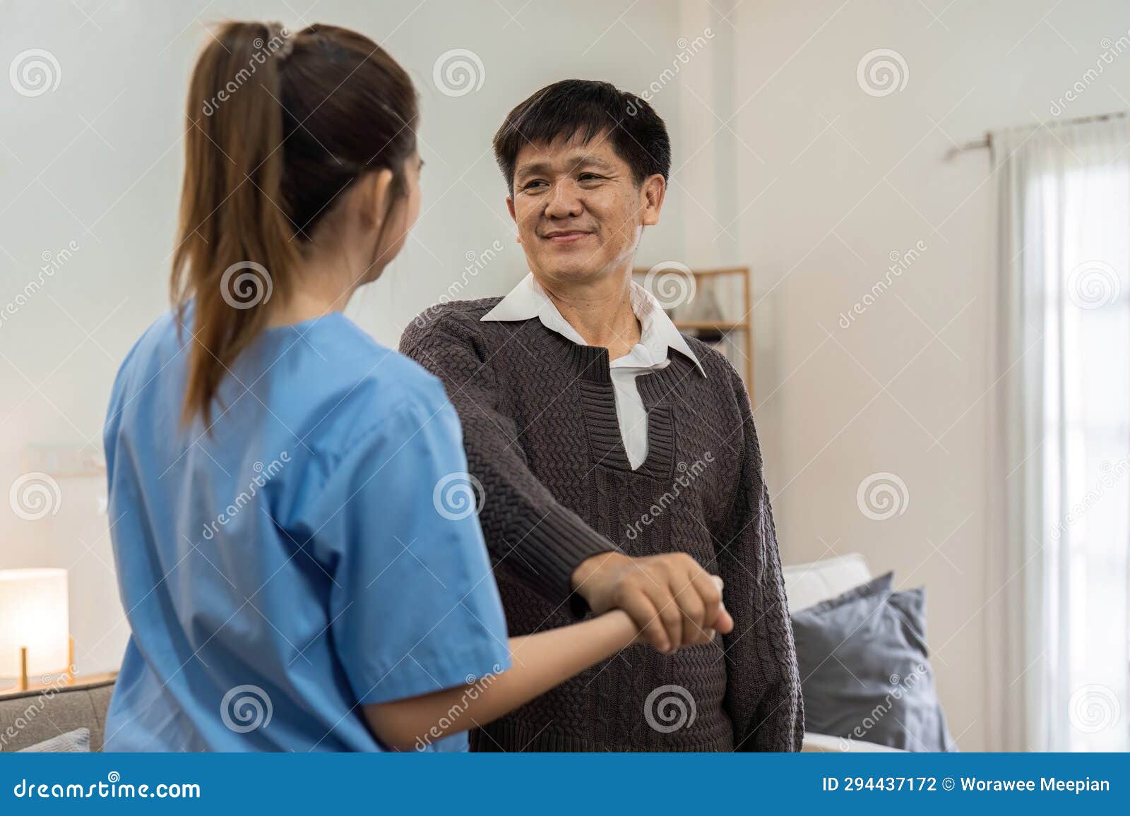 Caregiver or Nurse Help Support Elderly are Walk without Walker at Home ...