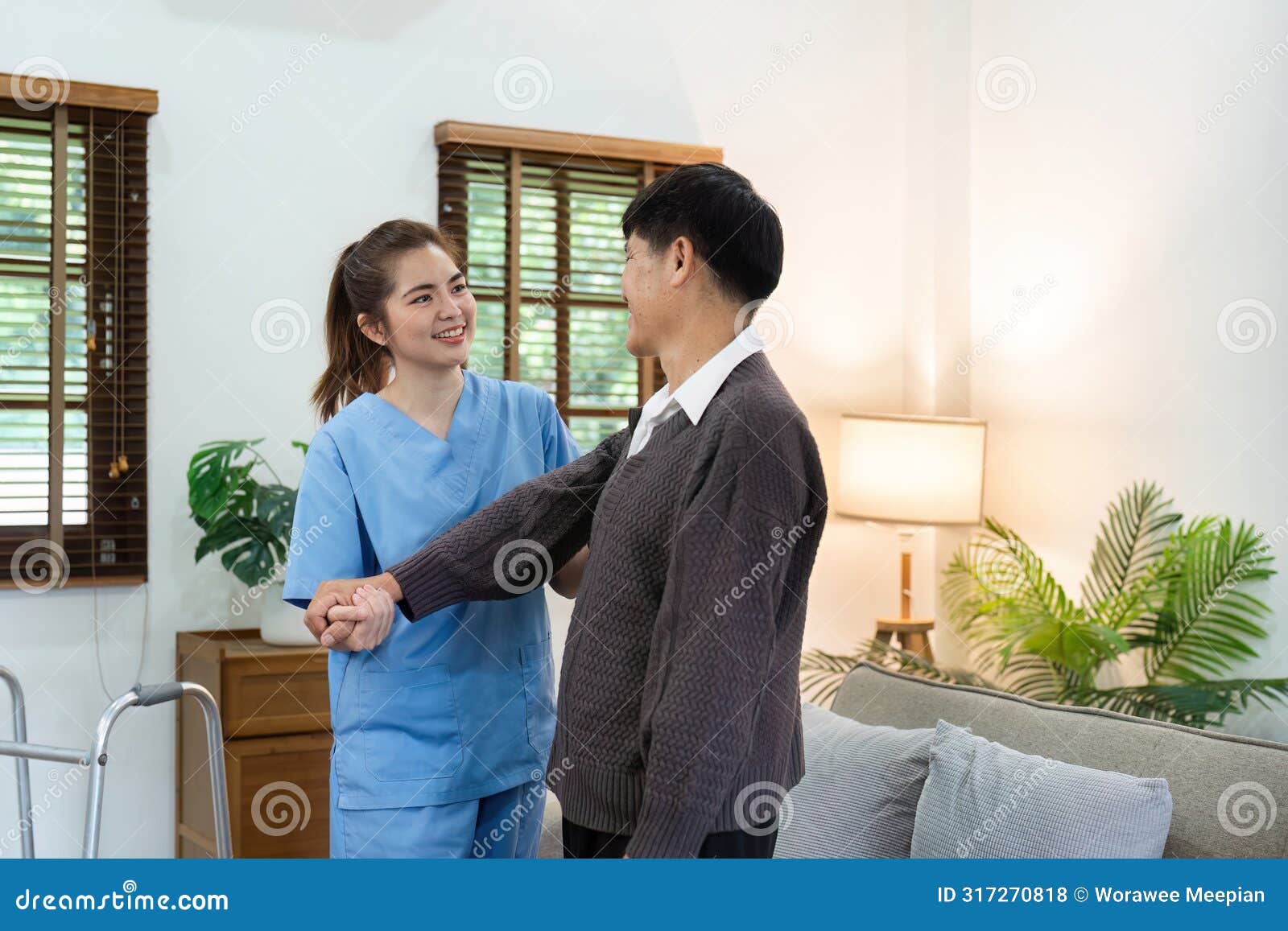 Caregiver or Nurse Help Support Elderly are Walk without Walker at Home ...