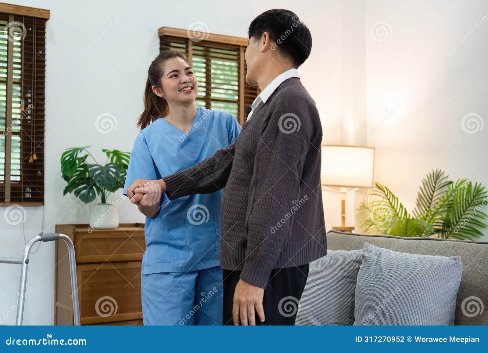 Caregiver or Nurse Help Support Elderly are Walk without Walker at Home ...