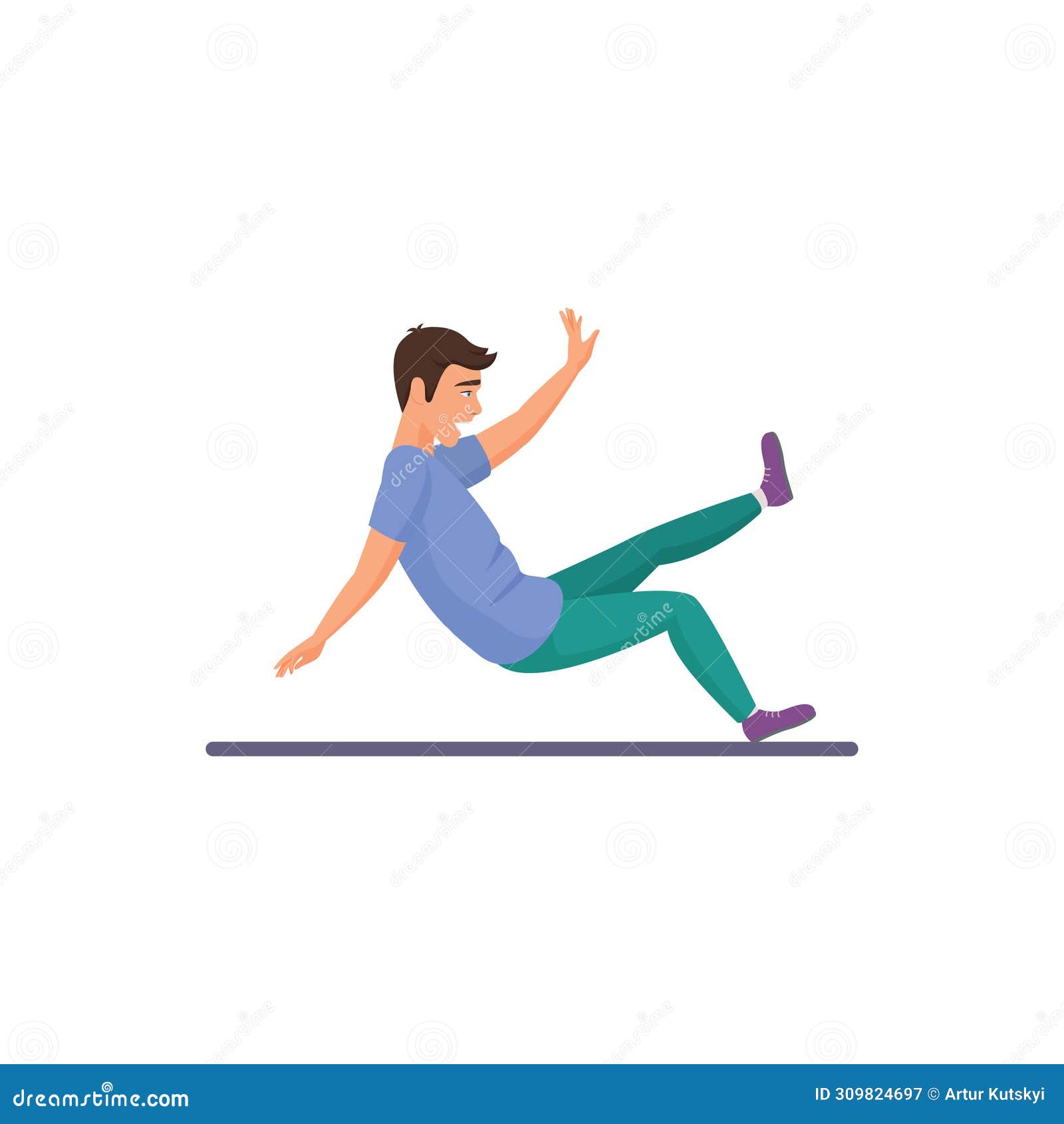 Careless Unhappy Man Running And Falling Down On Slippery Surface ...