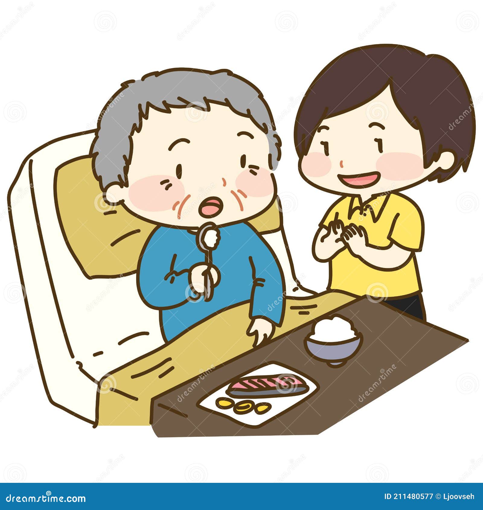 Caretaker Supporting Old Man With Eating Cartoon Vector | CartoonDealer ...