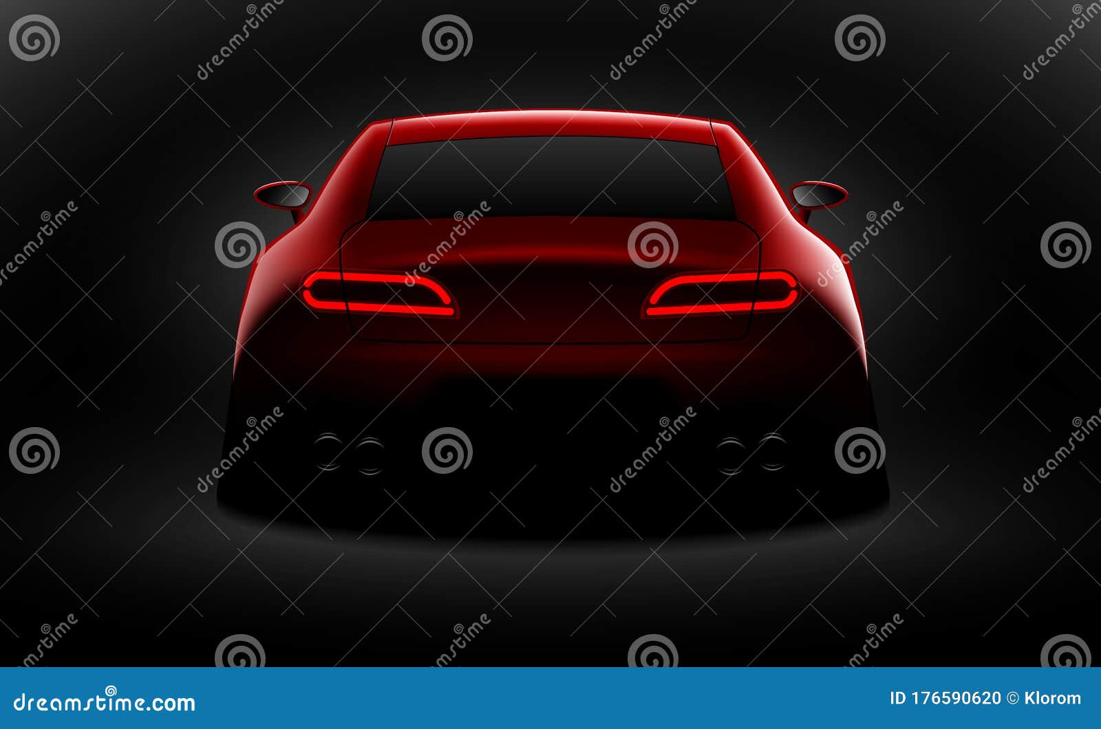 Realistic Red Sport Car Back View with on Rear Lights in the Dark Stock ...