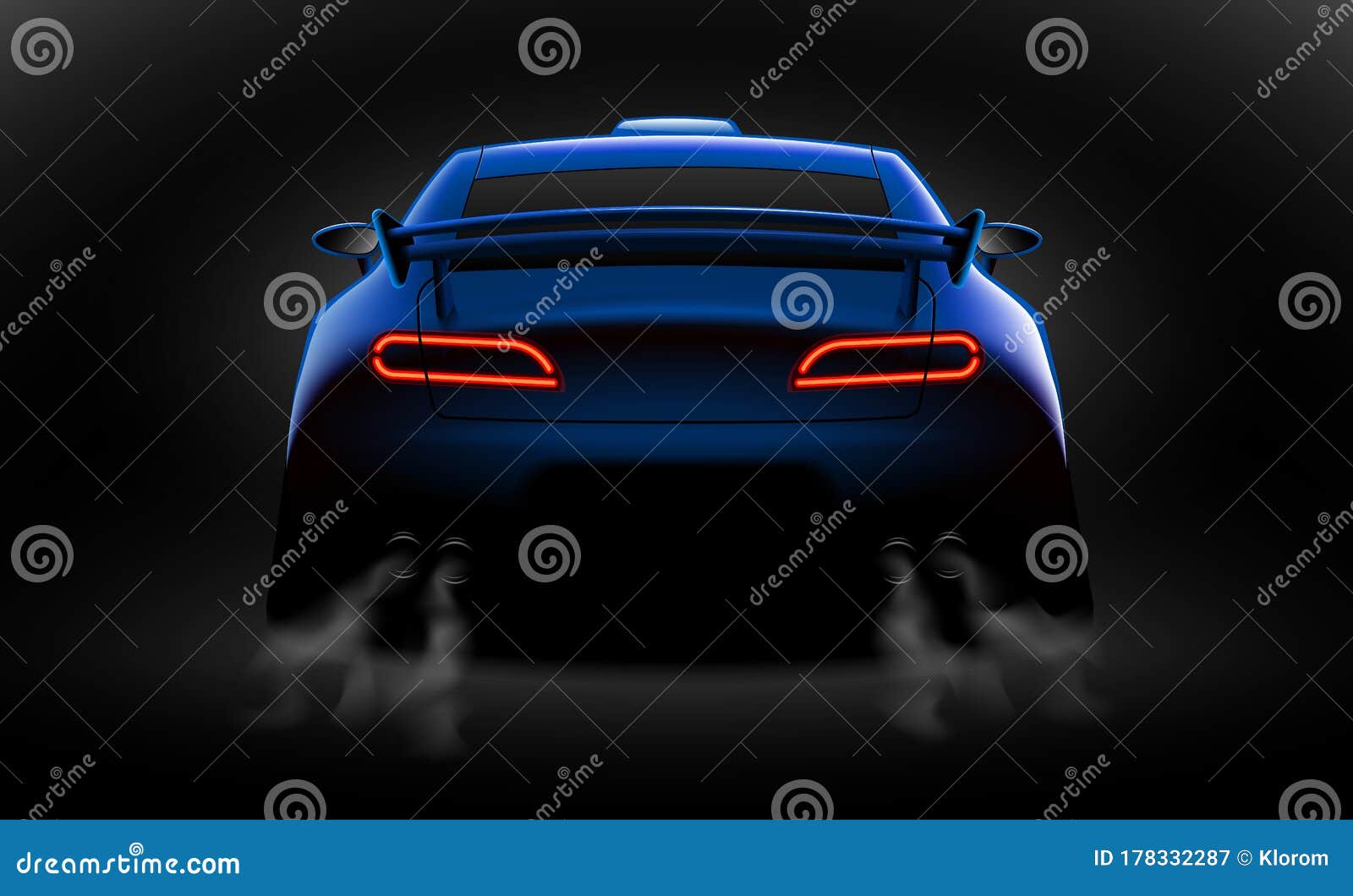Realistic Blue Sport Car Back View with Unlocked Rear Lights in the ...