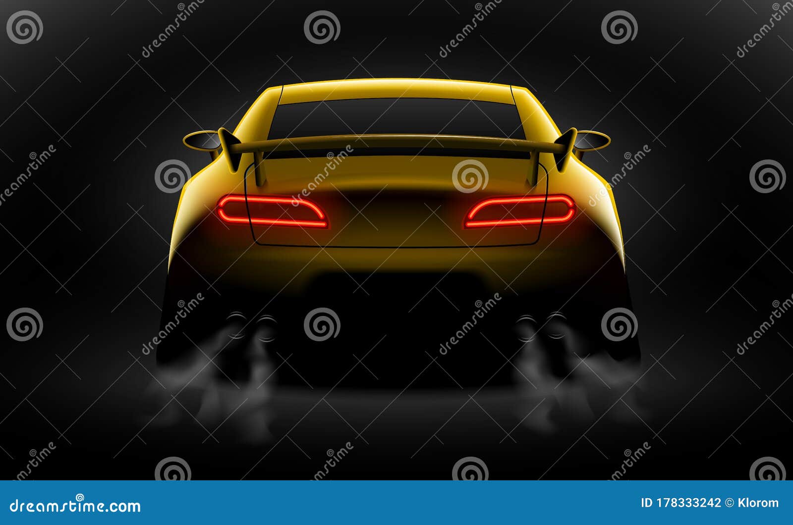 Realistic Yellow Sport Car Back View with Unlocked Rear Lights in the ...
