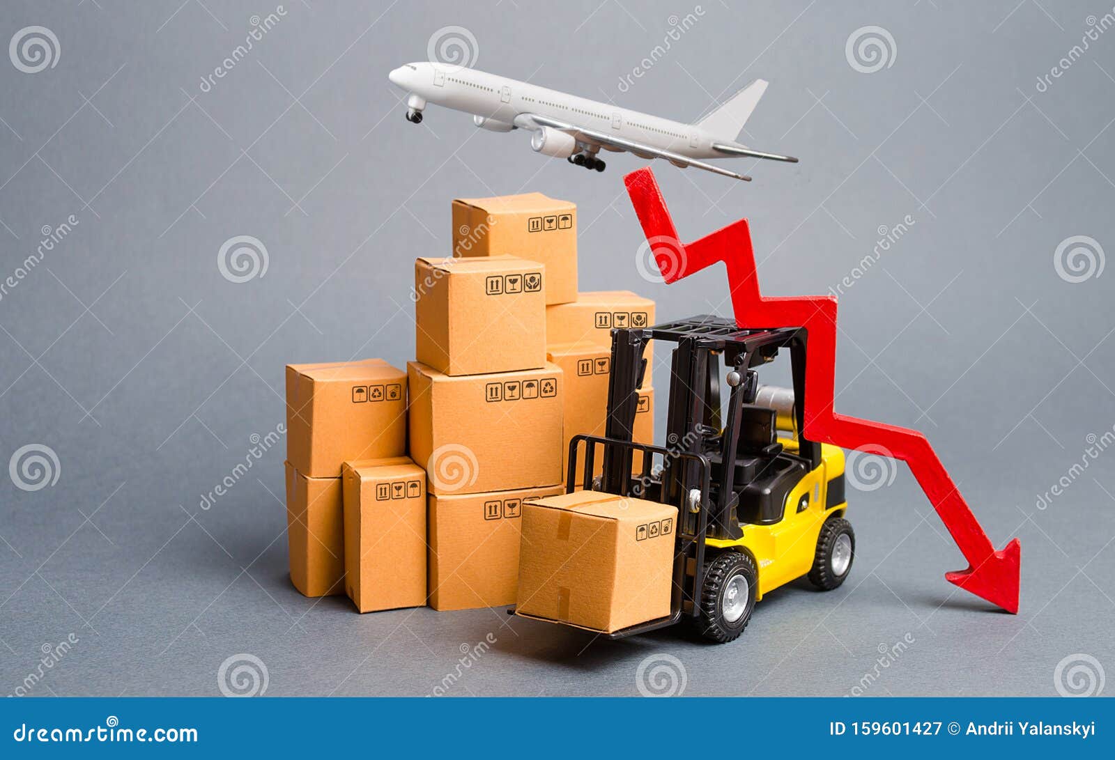 Cargo Airplane, Forklift Truck with Cardboard Boxes and a Red Arrow ...