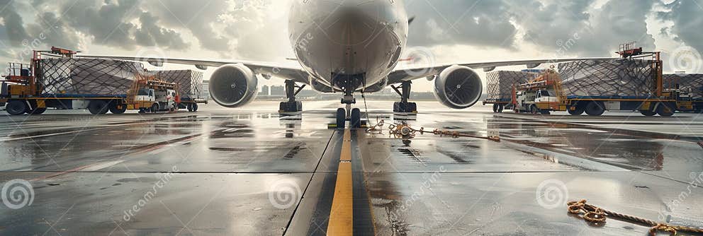 A Cargo Airplane Stands on the Runway Ready for Loading, Surrounded by ...
