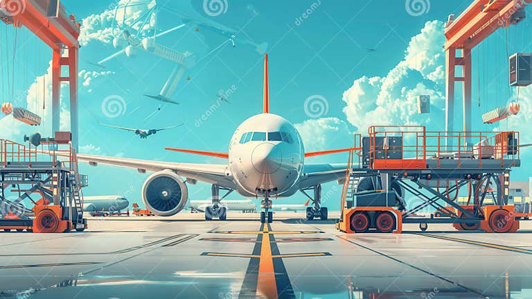 A Cargo Airplane is Stationed on the Runway, with Loading and Unloading ...