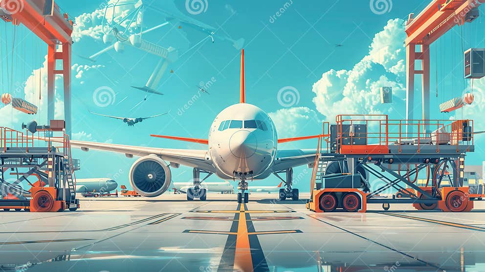 A Cargo Airplane is Stationed on the Runway, with Loading and Unloading ...