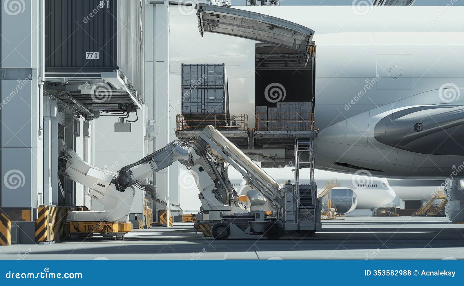 Cargo Airplane Unloading Large Containers with a Robotic Arm at a High ...