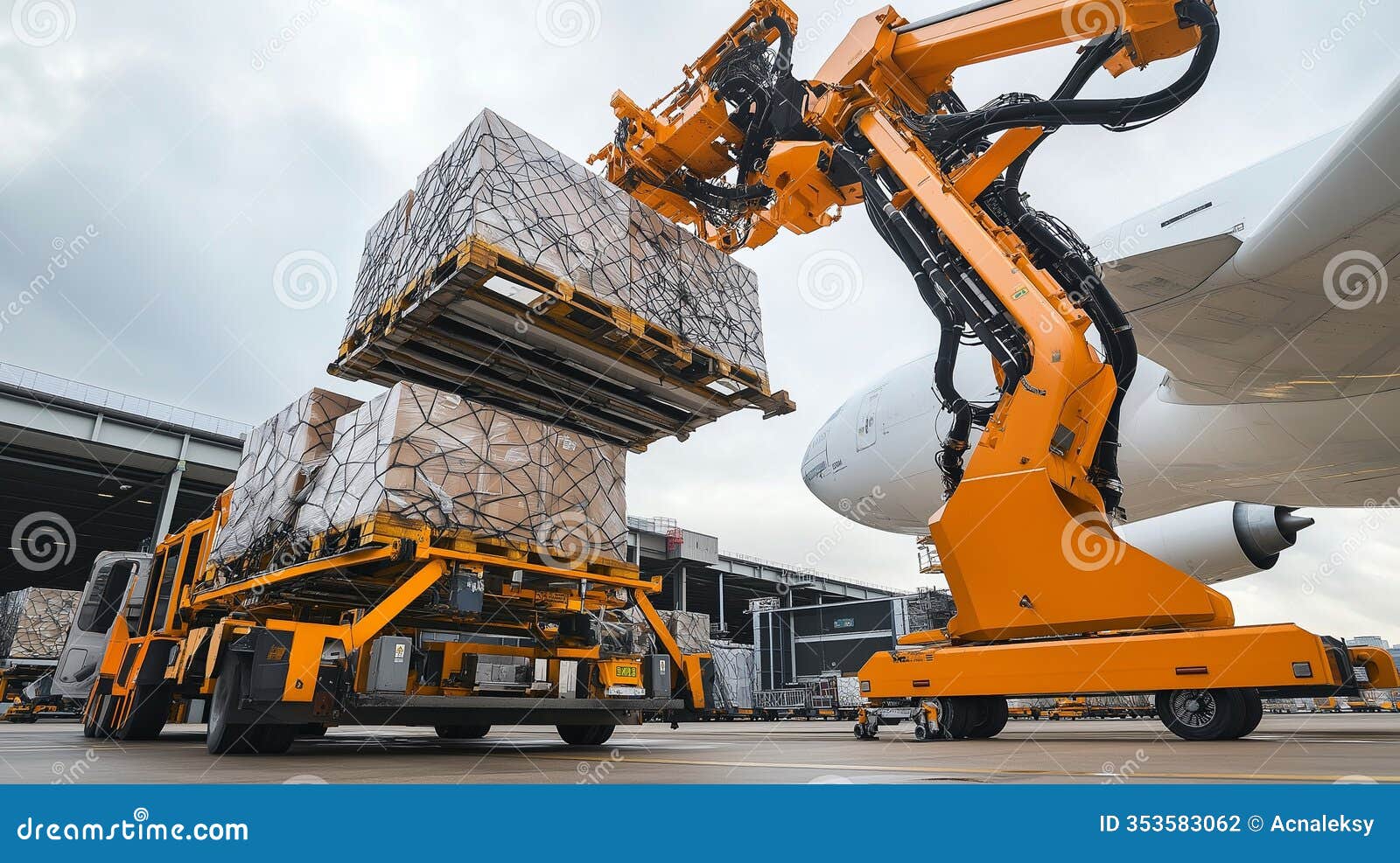 Cargo Airplane Unloading Large Containers with a Robotic Arm at a High ...