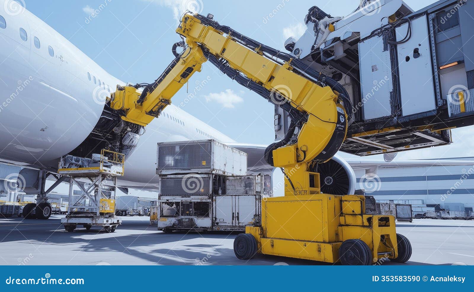Cargo Airplane Unloading Large Containers with a Robotic Arm at a High ...