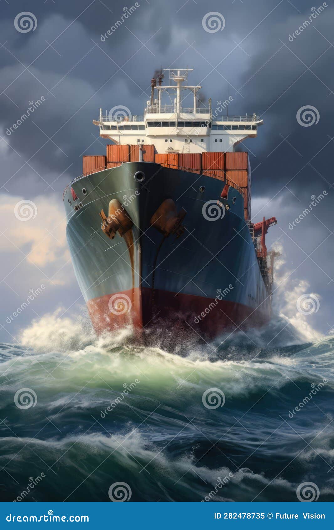 Cargo Boat Loaded with Cargo Boxes Sailing at Rough Sea, Created Using ...