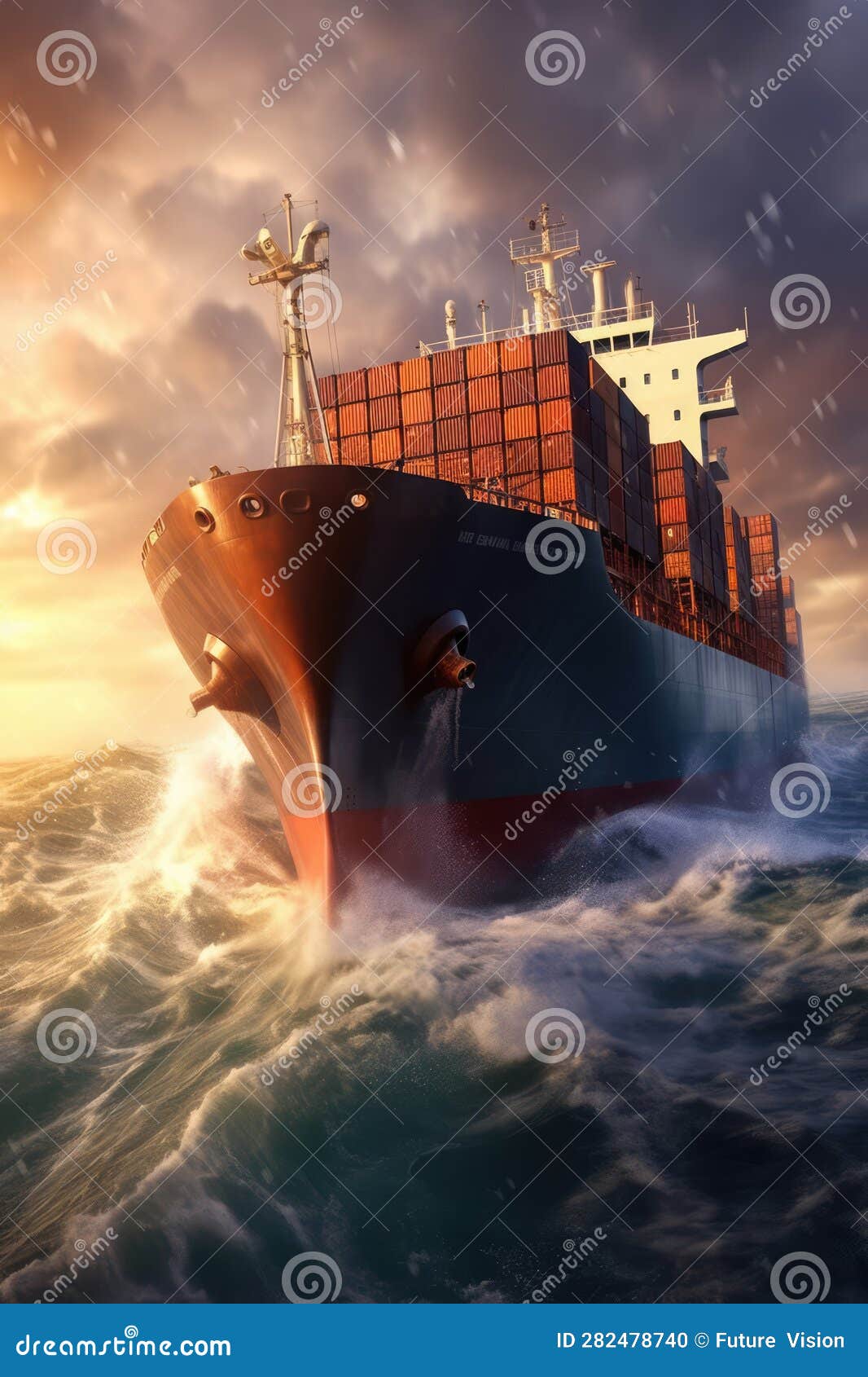 Cargo Boat Loaded with Cargo Boxes Sailing at Rough Sea, Created Using ...