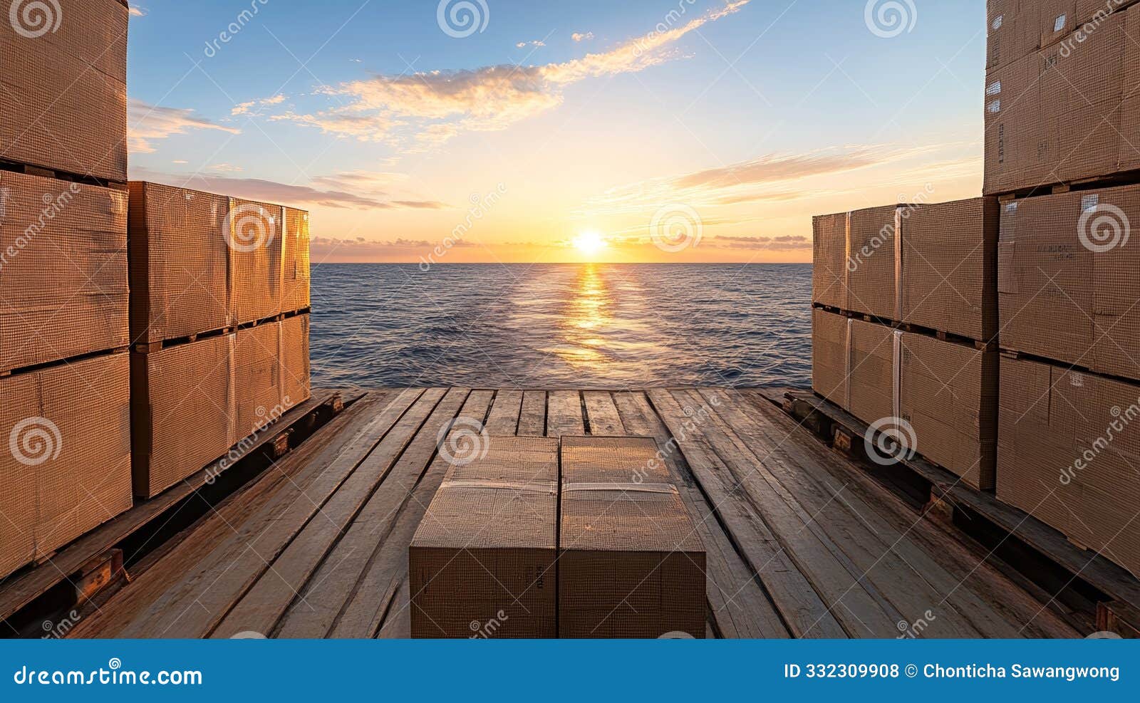 Cargo Boxes Stacked on a Ship Deck, with the Sunset Over the Ocean in ...