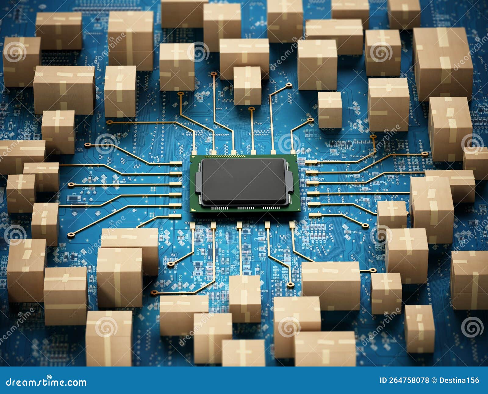 Cargo Boxes Standing Around Mainboard with a CPU in the Center. Cargo ...