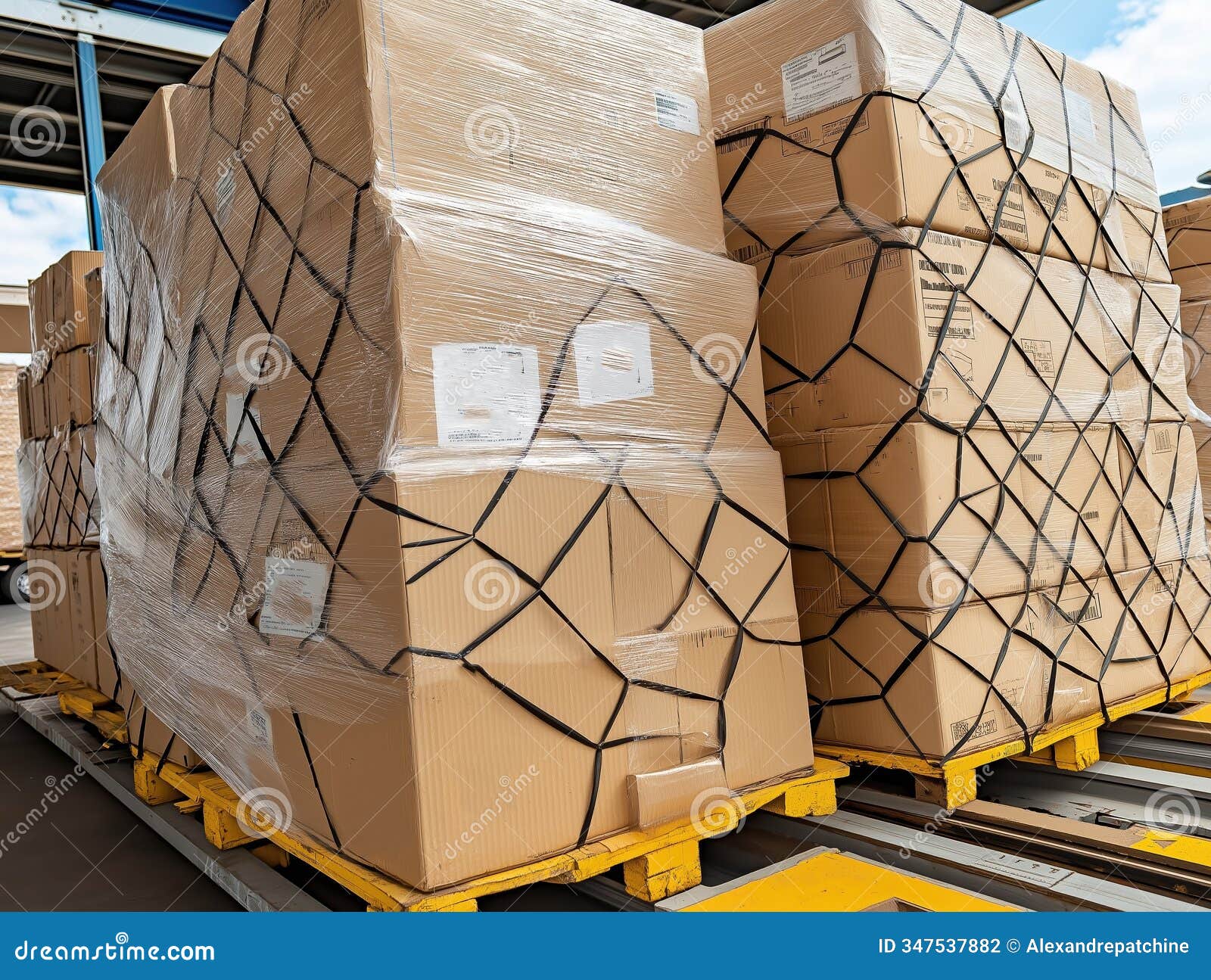 Cargo Boxes Wrapped in Plastic and Netting Being Loaded Onto Airplane ...