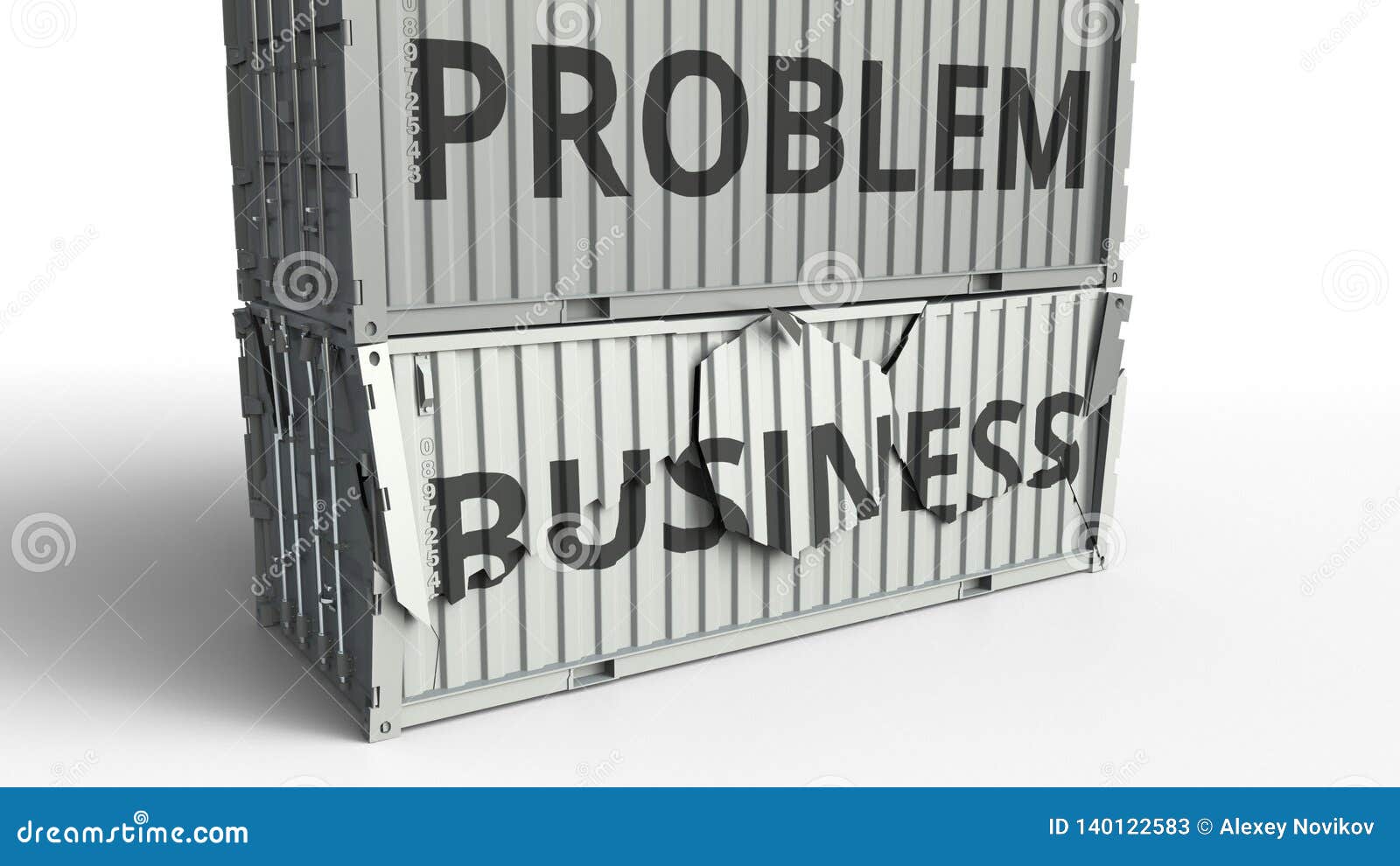 Container with BUSINESS Text Being Broken by Cargo Container with ...