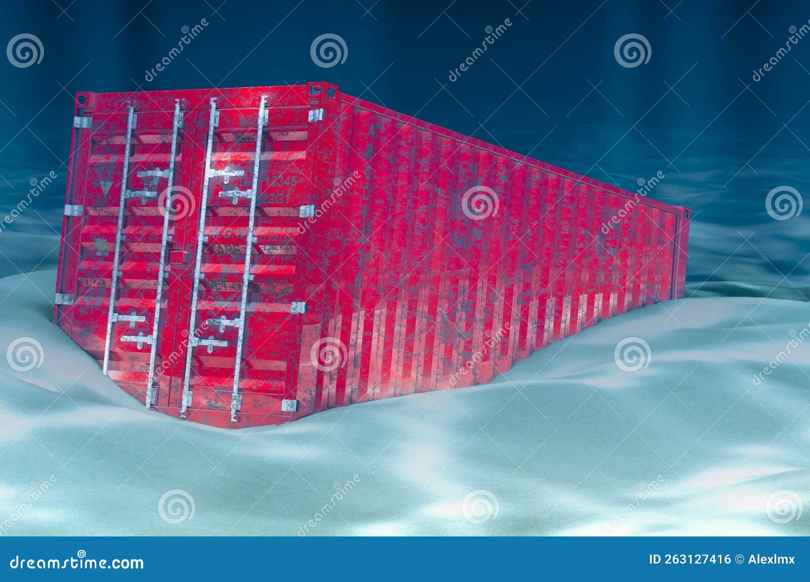 Cargo Container on Ocean Bottom Underwater, 3D Rendering Stock ...