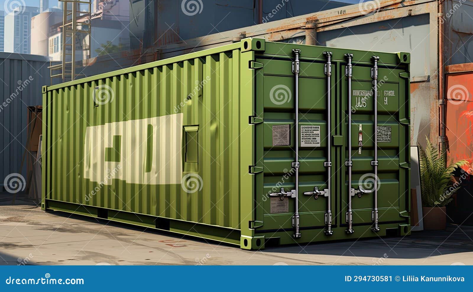 A Cargo Container, Painted in a Distinctive Olive Green Shade, Against ...