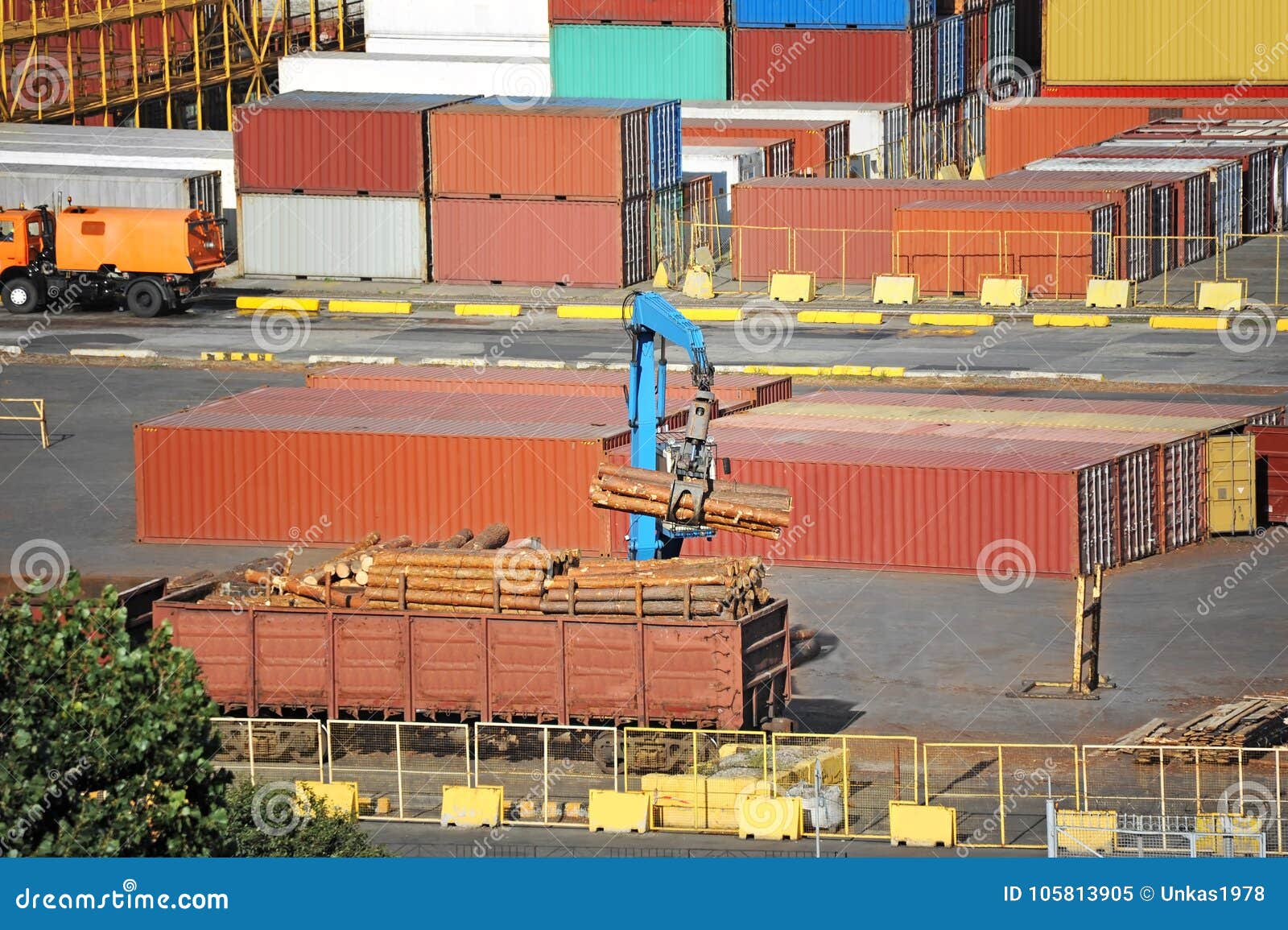 Container, Lumber and Train in Port Stock Image - Image of harbor ...
