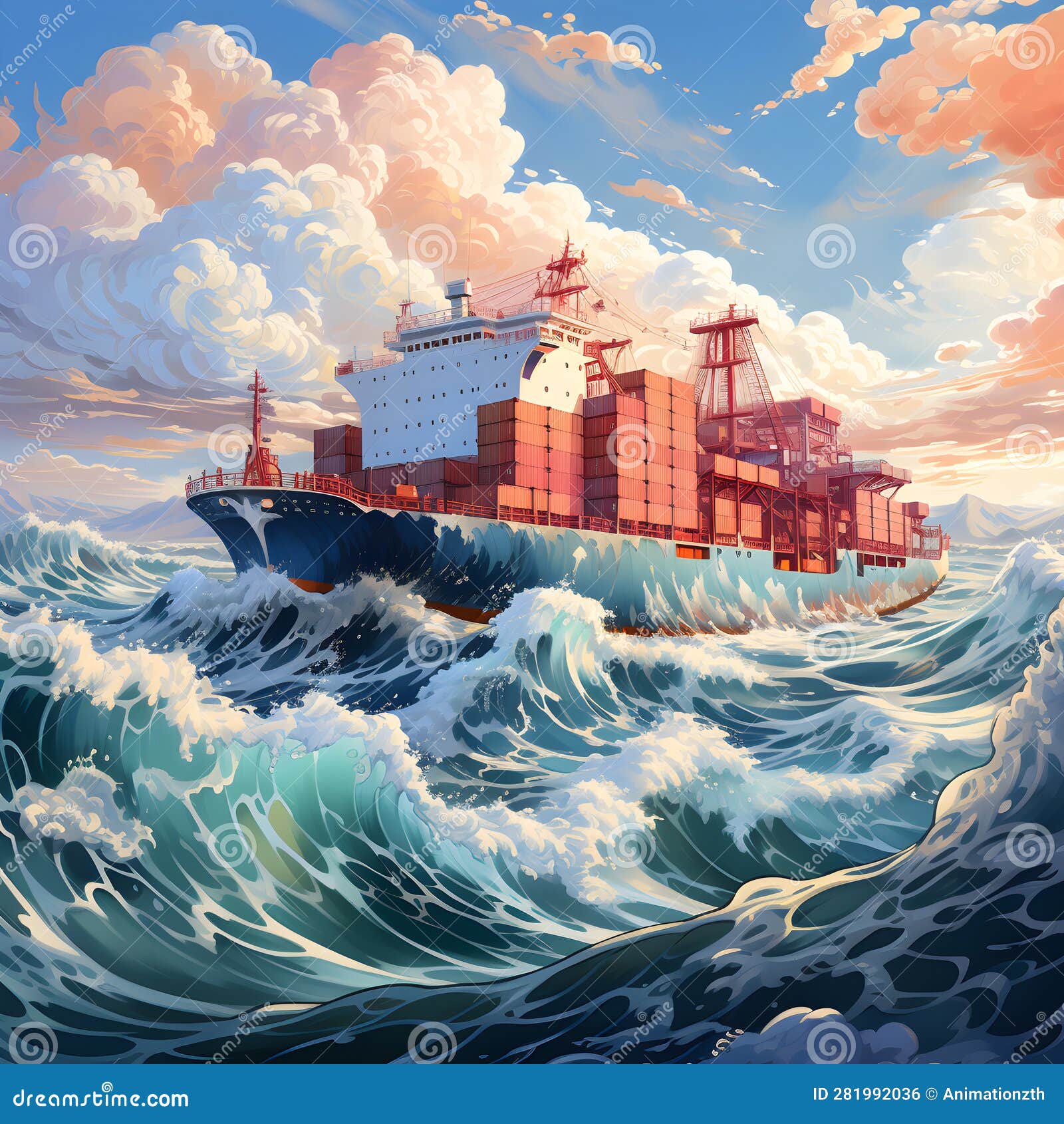 Dynamic 2D Isometric Depiction of Cargo Ship in Midst of Stormy Sea ...