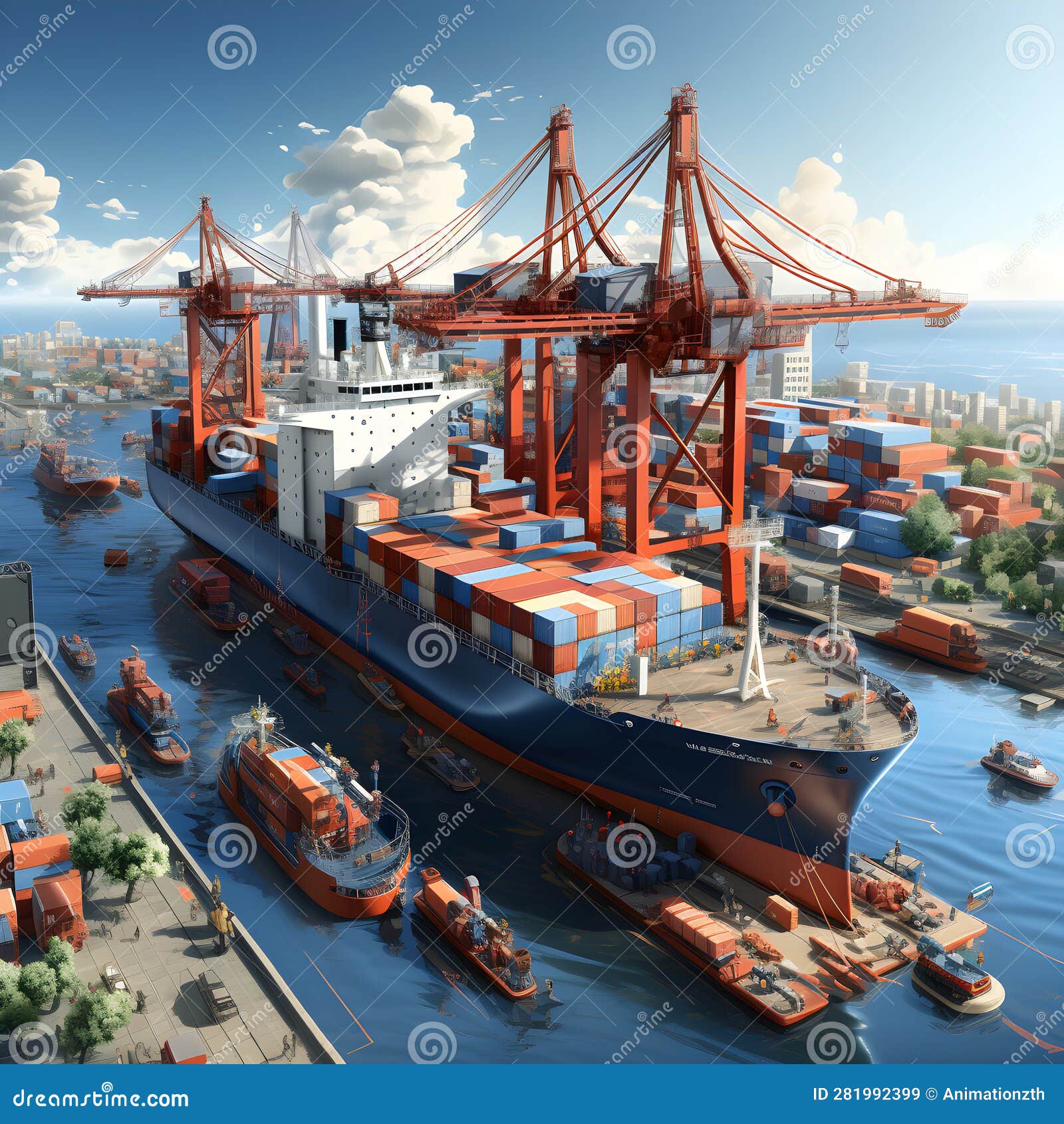 Isometric 2D Illustration of Cargo Ship Docked at Bustling Port ...