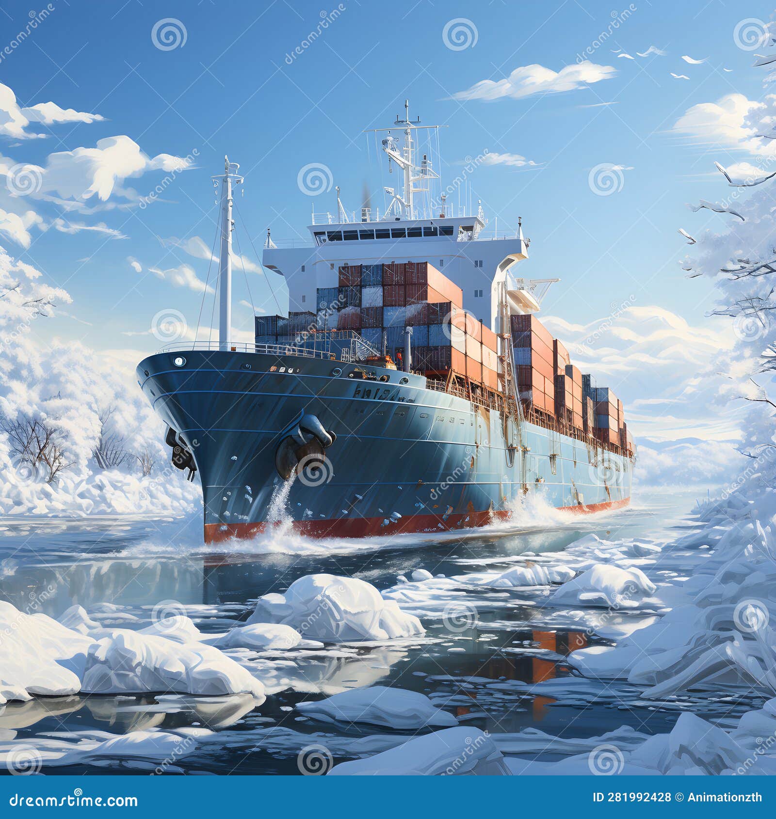 Isometric 2D Illustration of Cargo Ship Navigating through Icy Waters ...