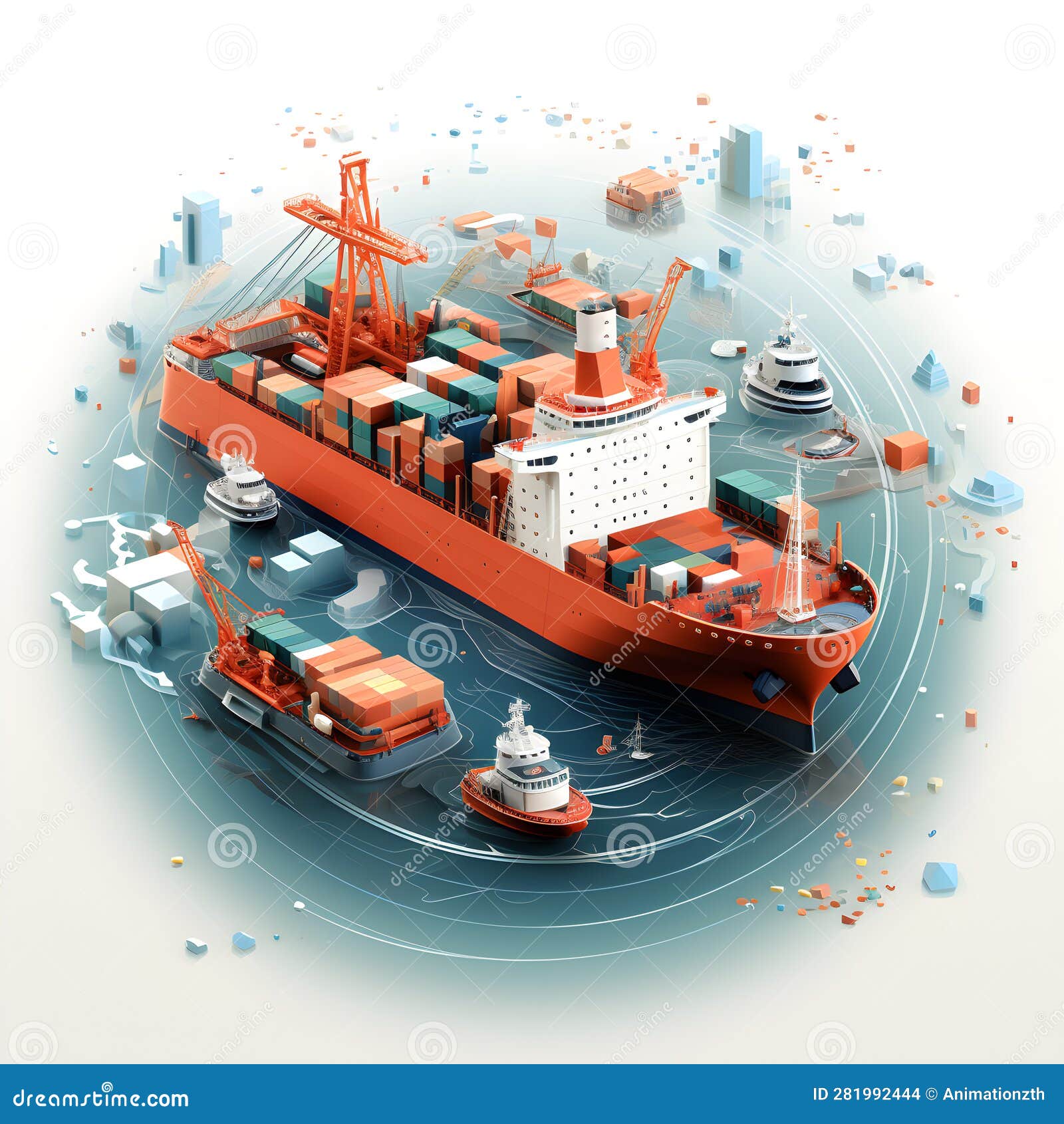 Isometric 2D Illustration of Eight Cargo Ships Forming Circular ...