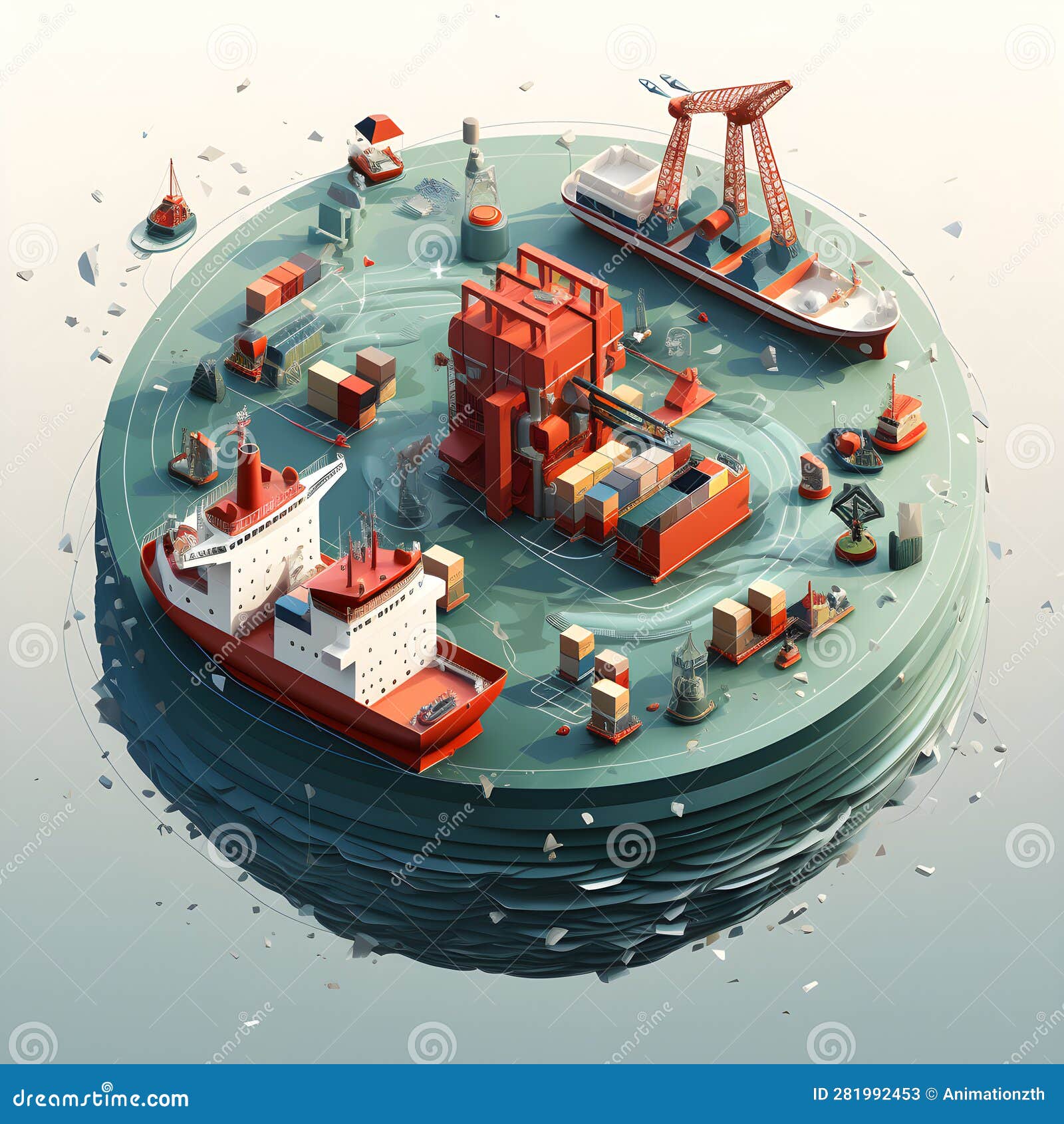 Isometric 2D Illustration of Eight Cargo Ships Forming Circular ...