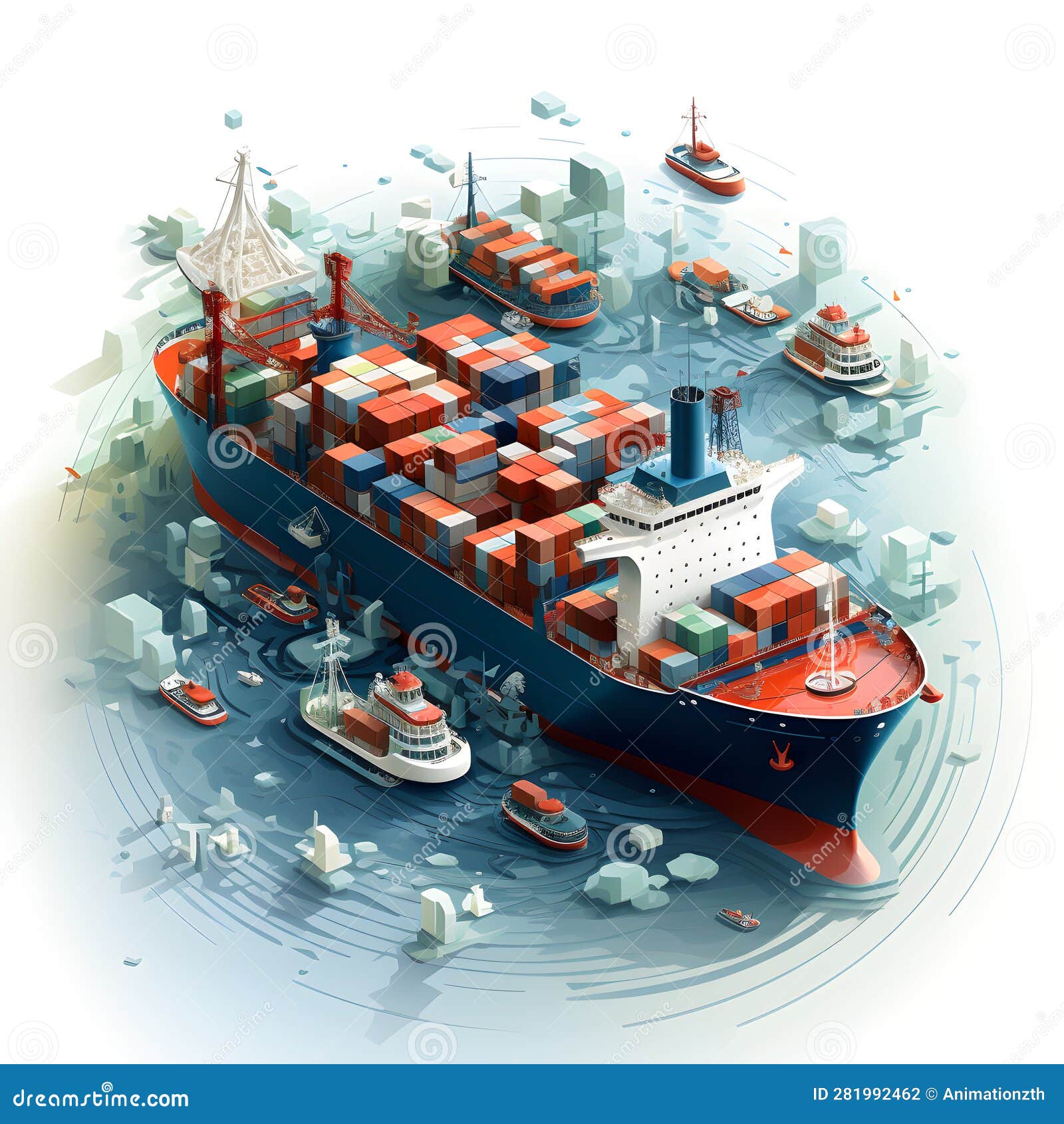 Isometric 2D Illustration of Eight Cargo Ships Forming Circular ...