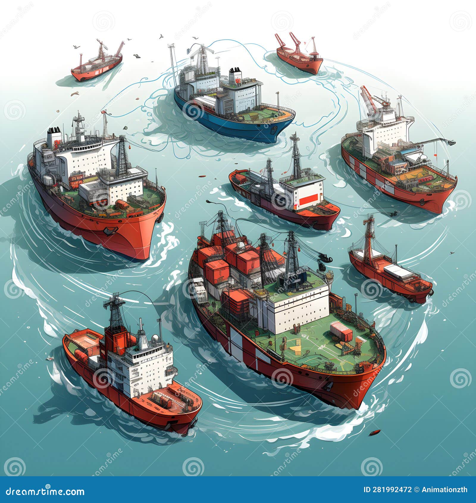 Isometric 2D Illustration of Eight Cargo Ships Forming Circular ...