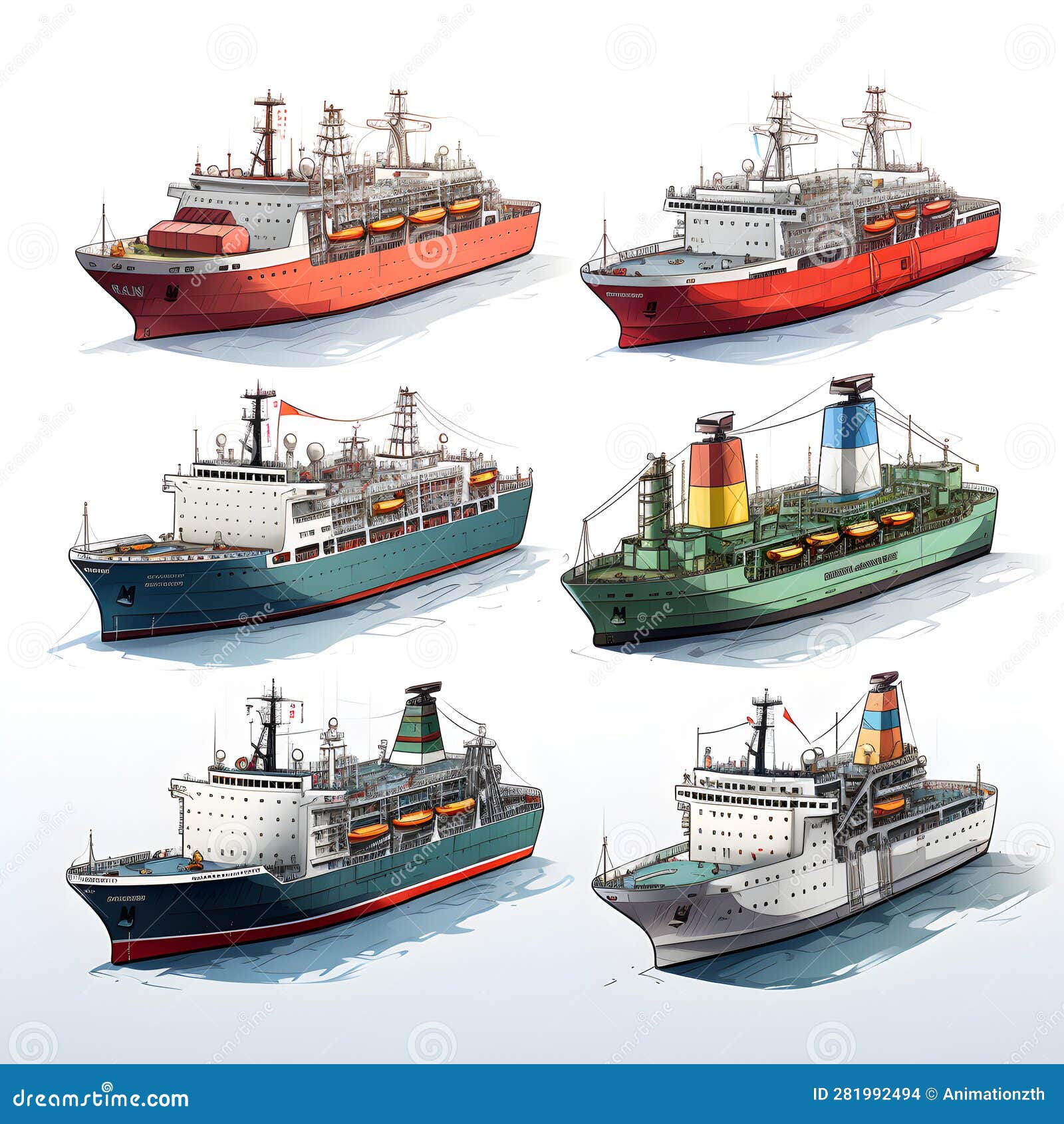 Isometric 2D Illustration of Eight Cargo Ships in Various Sizes and ...