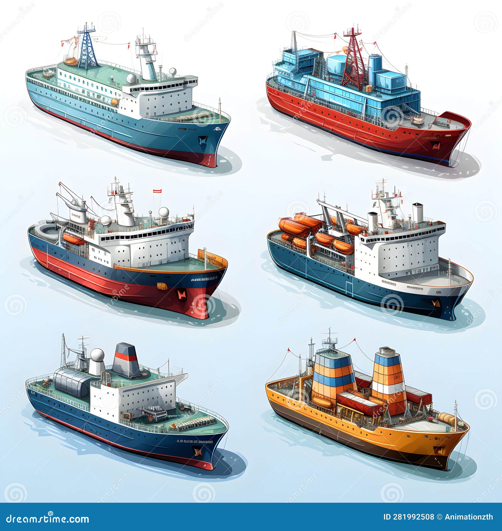 Isometric 2D Illustration of Eight Cargo Ships in Various Sizes and ...