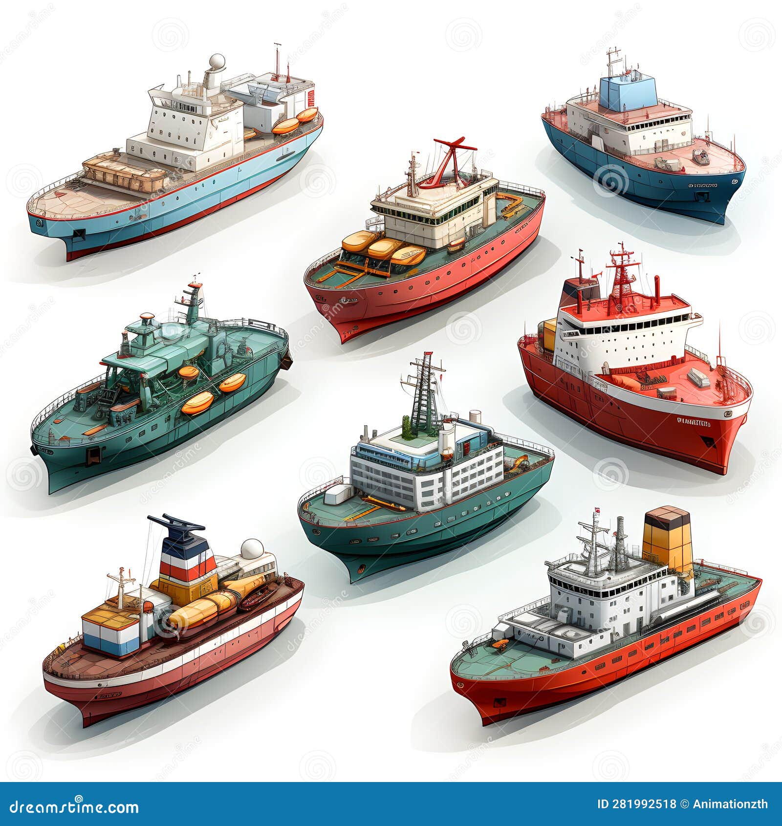 Isometric 2D Illustration of Eight Cargo Ships in Various Sizes and ...