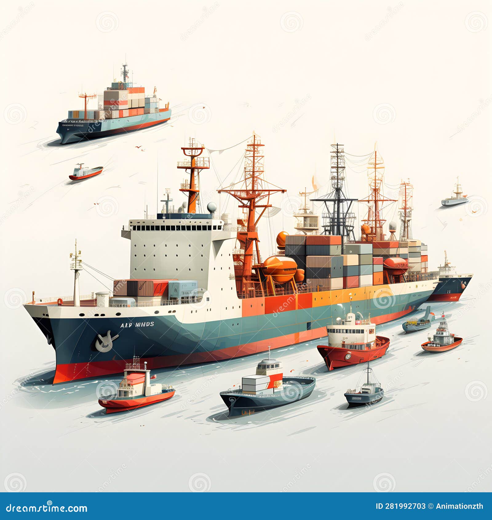 Minimalist 2D Isometric Depiction of Nine Cargo Ships, Each Represented ...