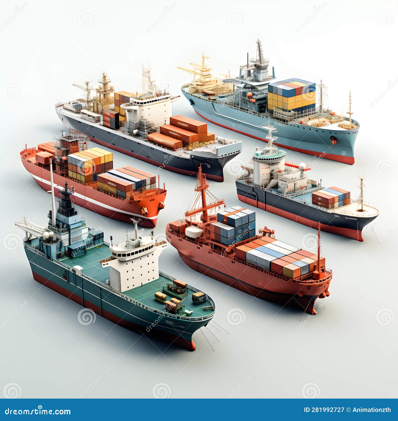 Minimalist 2D Isometric Depiction of Nine Cargo Ships, Each Represented ...