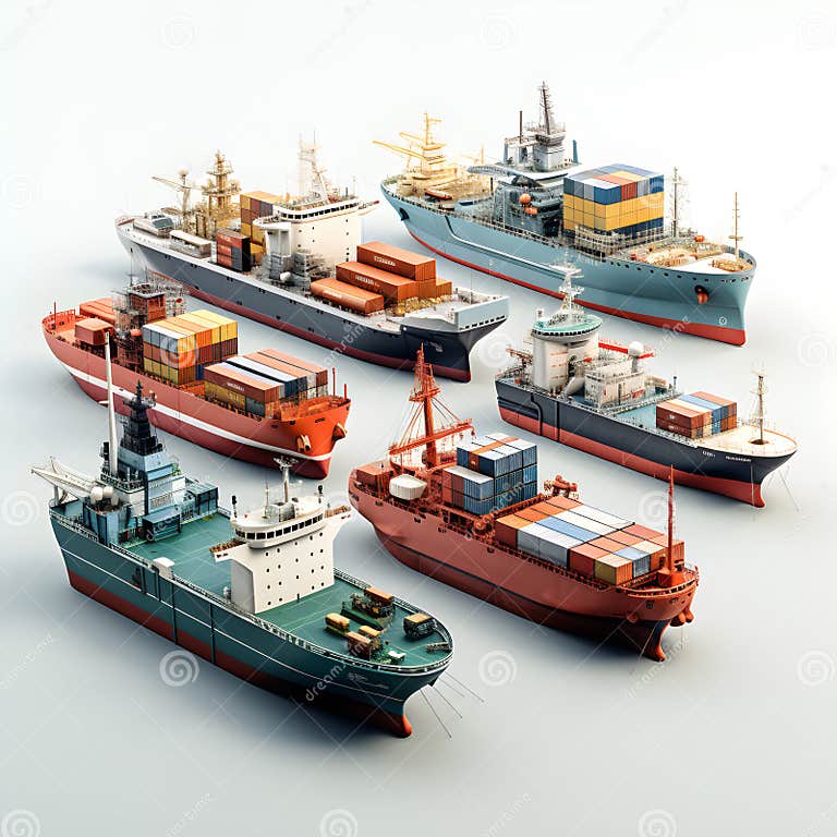 Minimalist 2D Isometric Depiction of Nine Cargo Ships, Each Represented ...